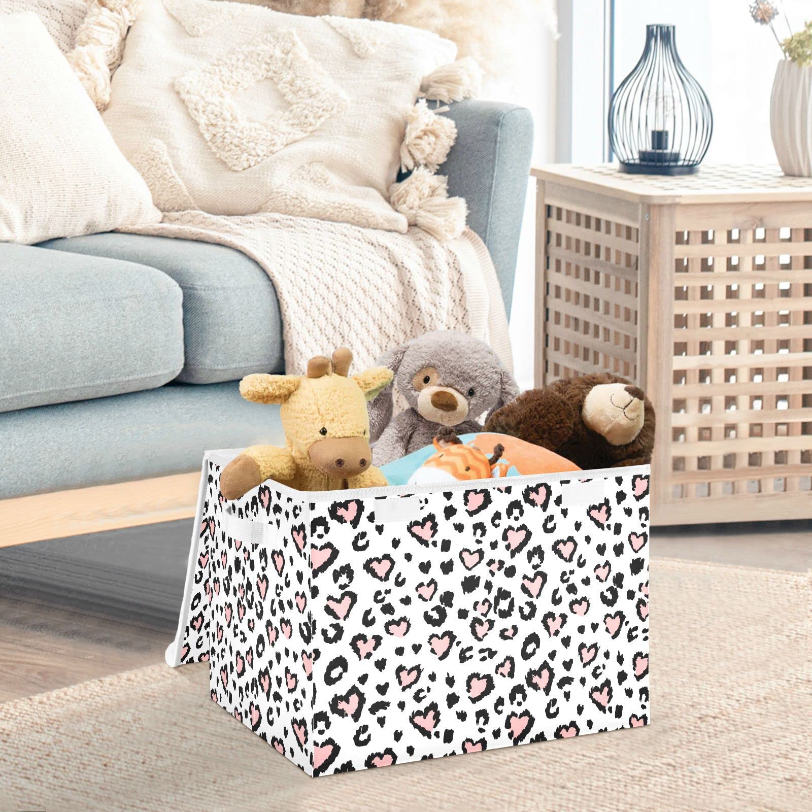 SUABO Leopard Print Pink Heart Storage Bin with Lid Large Oxford Cloth Storage Boxes Foldable Home Cube Baskets Closet Organizers for Nursery Bedroom Office