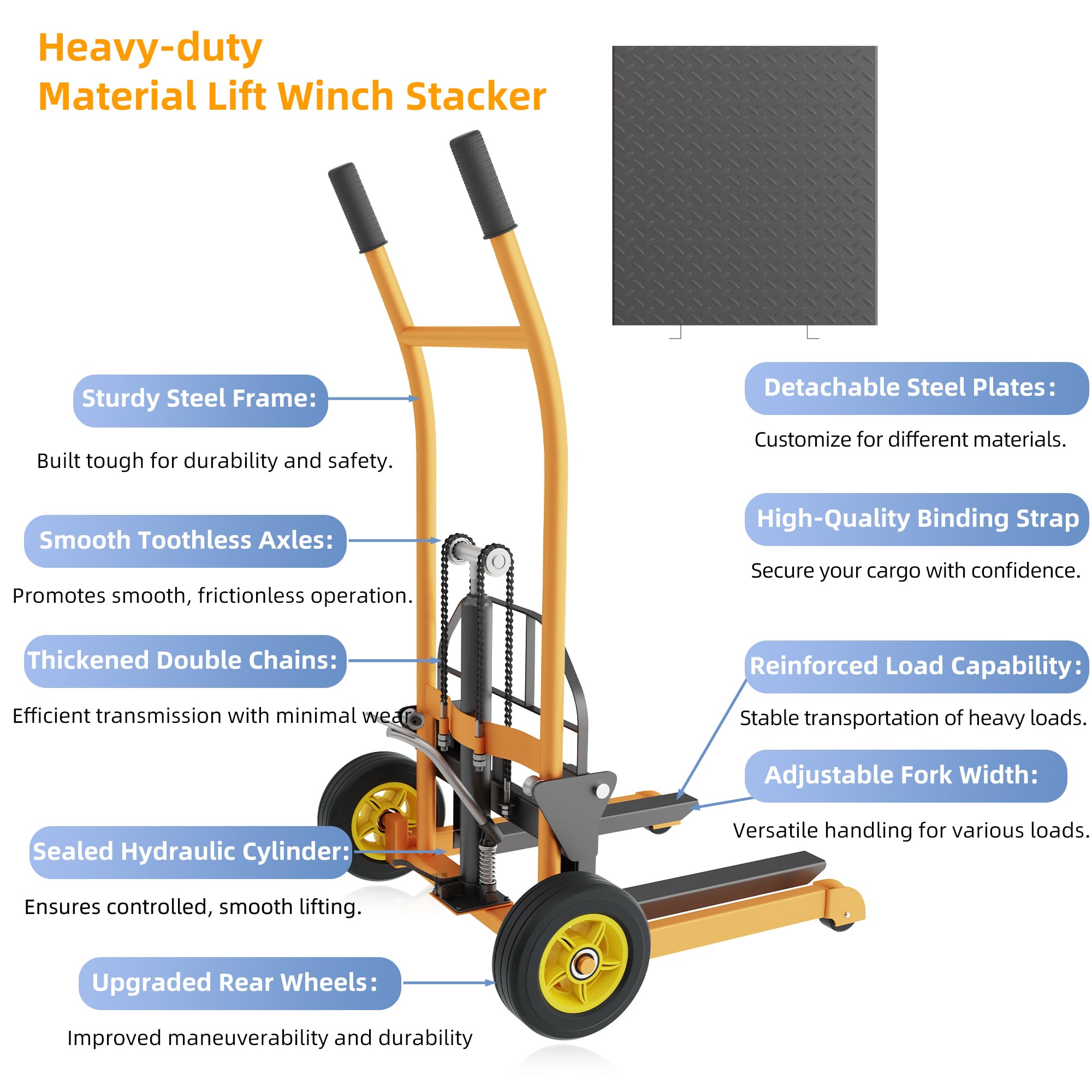 LuminaLiftCure Hydraulic Material Lift Pallet Truck 450 lbs Manual Winch Stacker 39.5" Max Lift Dolly, Pallet Lift Table, 18.5" Fork Length, 9" Polyurethane Wheels
