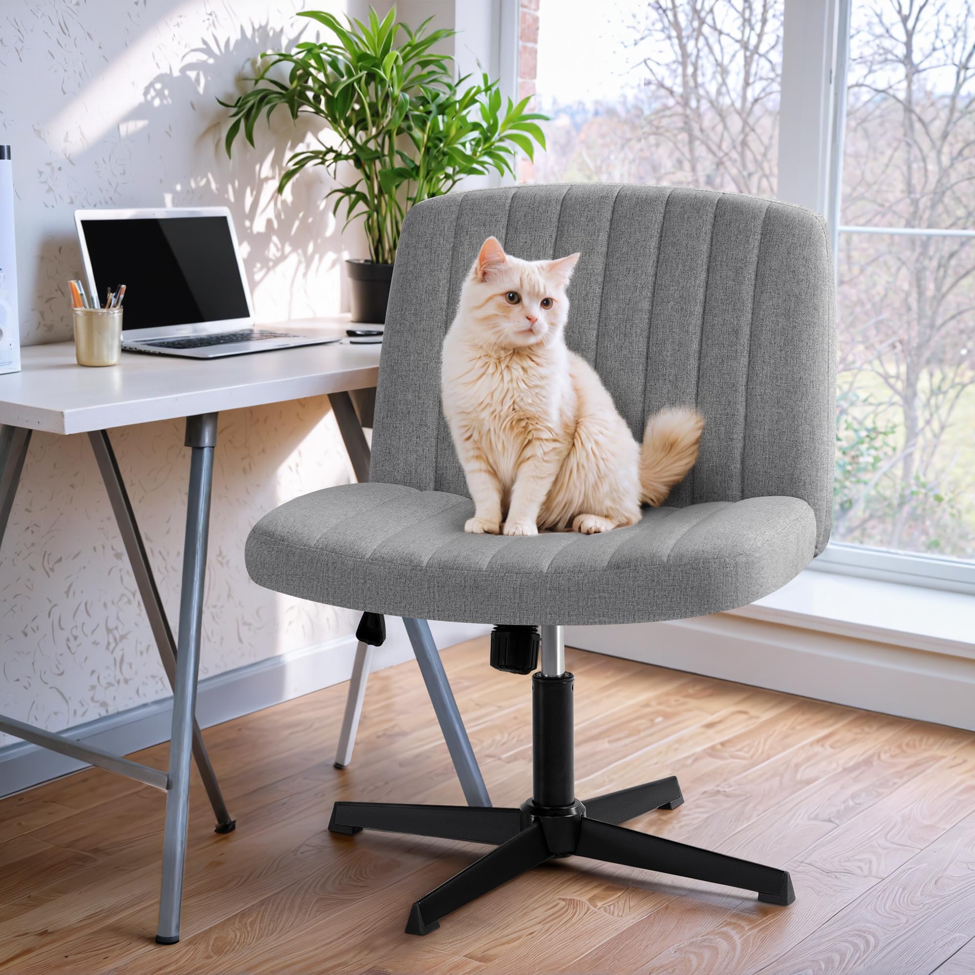 YESHOMY Cross Legged Armless Wide Adjustable Swivel Padded Linen Fabric Home Office Desk Chair No Wheels, Set of 1, Light Grey