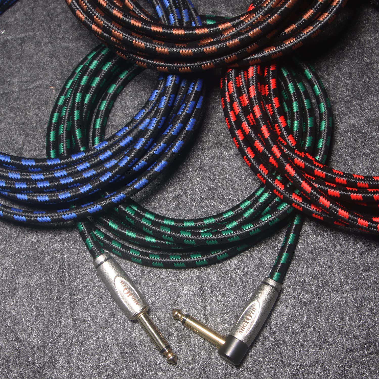 Augioth Guitar Cable 20 ft 2 Pack, Electric Instrument Bass Cable AMP Cord 1/4 Straight to Angled Black and Green Tweed