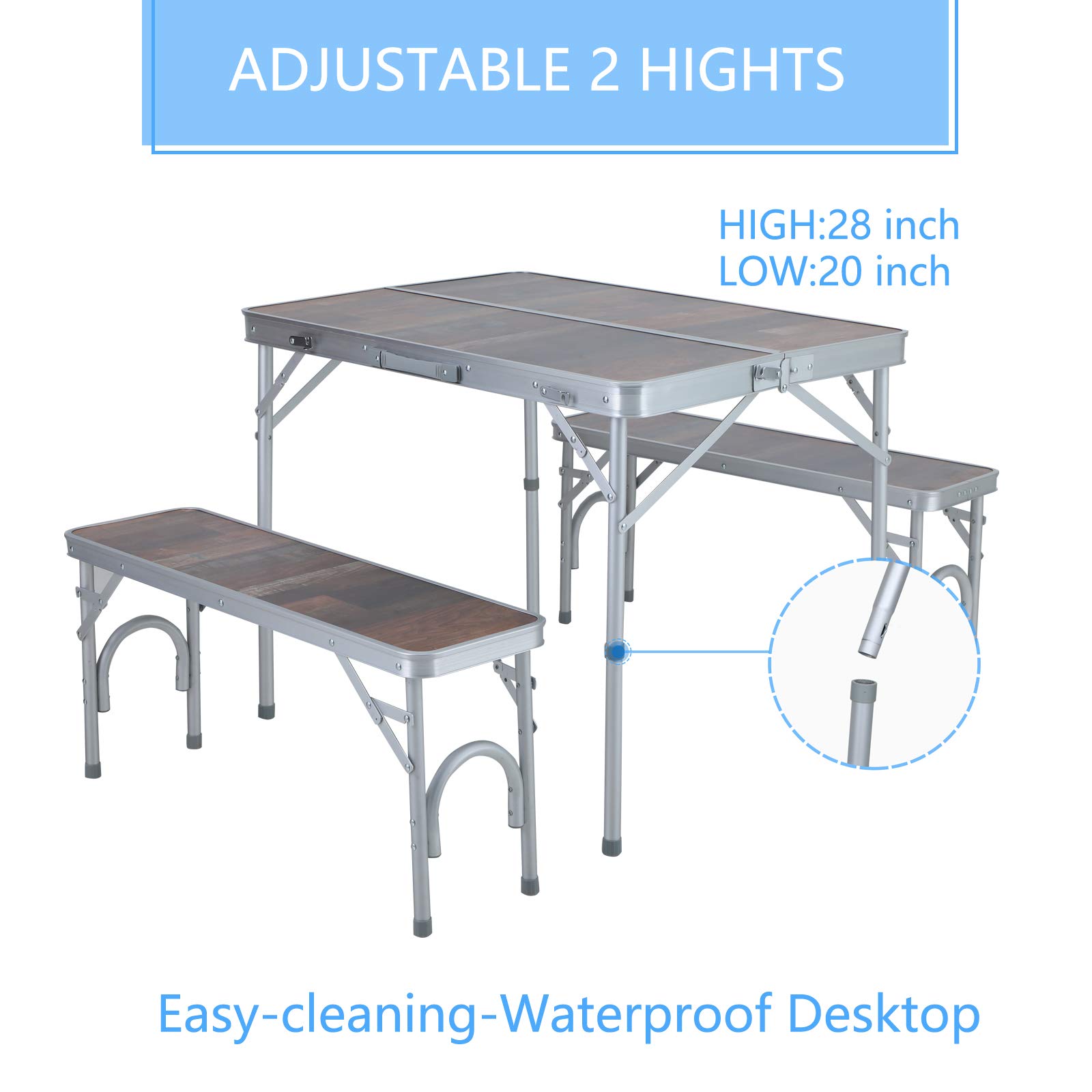 ALPHA CAMP 3PCS Folding Camping Table and Benches Set 4FT Aluminum Camping Table Portable Picnic Dining Table Lightweight Folding Card Table w/Handle for Indoor Outdoor Patio Backyard Party