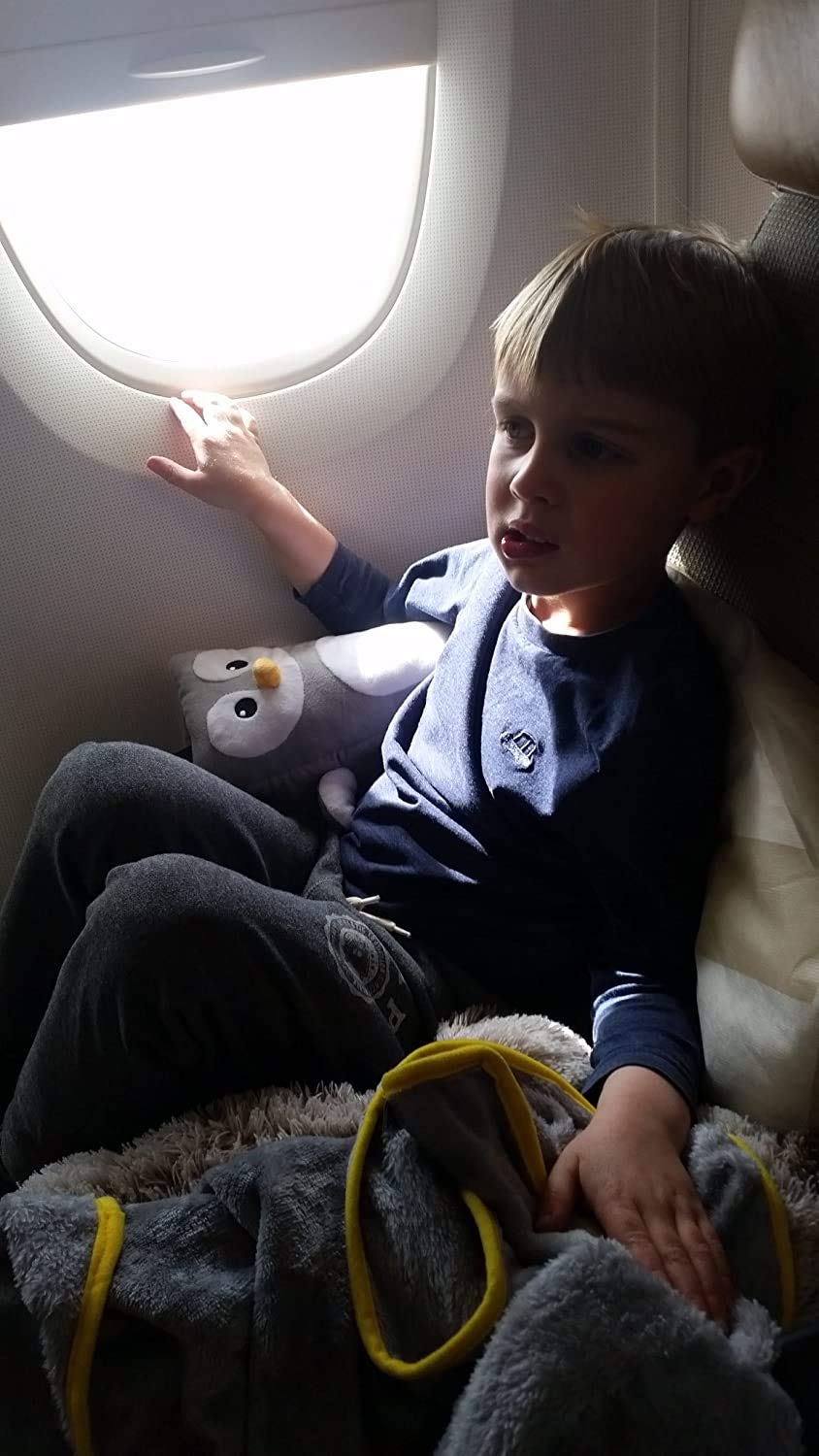 Roamwild Kids Travel Pillow and Travel Blanket Set - 'Tux' Armrest Buddy Transforms Any Armrest Into a Comfy Childs Pillow