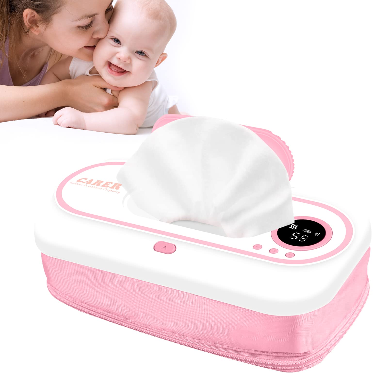 Baby Wipe Warmer USB Infant Wet Wipes Dispenser Portable Diaper Wipe Warmer with Temperature Heating Control, Large Capacity, Evenly Overall Heating Adjustable LED Display Wipe Heating Box