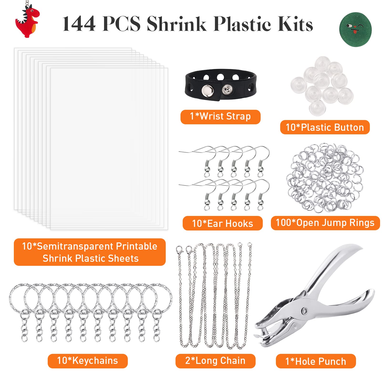 Auihiay 144 PCS Printable Shrink Plastic Sheet Kit Include 10 Sheets Shrink Films Papers for Inkjet Printer (8.3 x 11.6 inch), 134 DIY Accessories, Creative Crafts for Kids All Ages