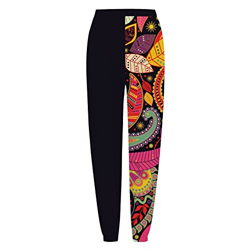 Cinch Bottom Sweatpants for Women Pockets Ethnic Printed Lounge Trousers High Waist Sporty Workout Jogger Pants