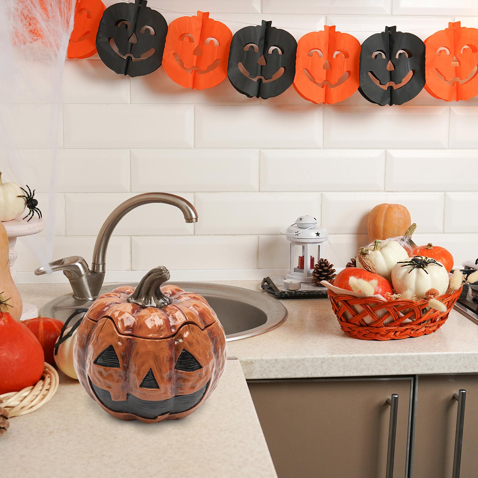 Bechivie Halloween Cookie Jar With Lid, 7.3x7inchs Resin Fall Thanksgiving Pumpkin Candy Bowl Dish With Double Sided Face, Small Halloween Food Snack Storage Containers