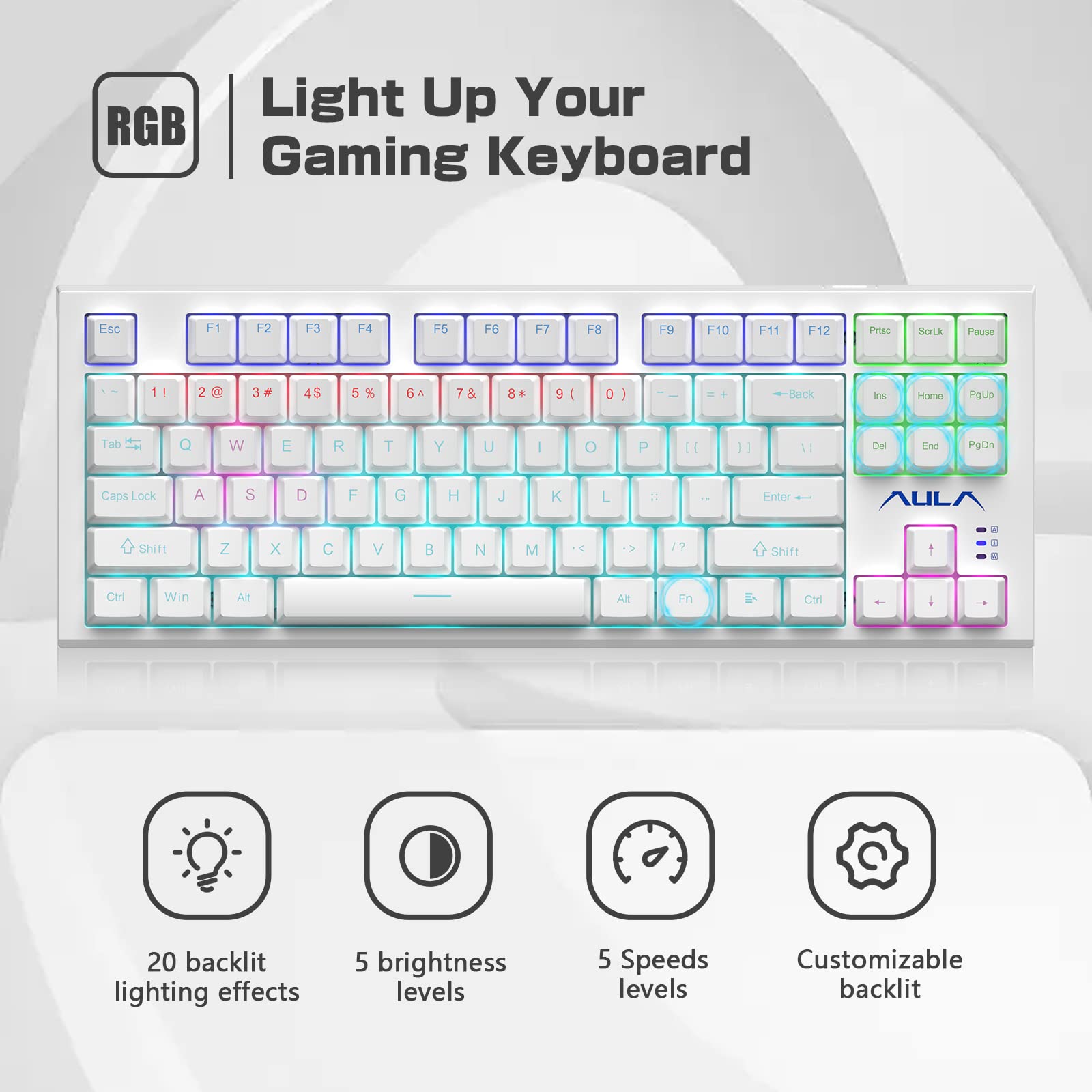 AULA Mechanical Keyboard, 87 Keys RGB Backlight Gaming Keyboard, Compact Wired Computer Keyboards for Windows PC (White, Brown Switch)