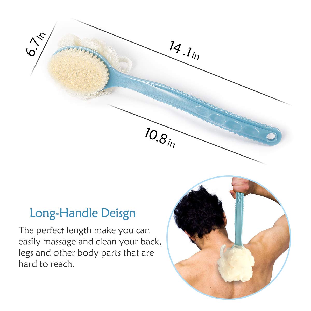 Back Scrubber for Shower, 1 Double-Sided Soft-Stiff Bristles Body Scrubber with Curved Long Handle, 1 Dry Brush, 1 Lotion Applicator for Back, Wet & Dry Brushing Body Exfoliating, Bath Brush 3 Pack
