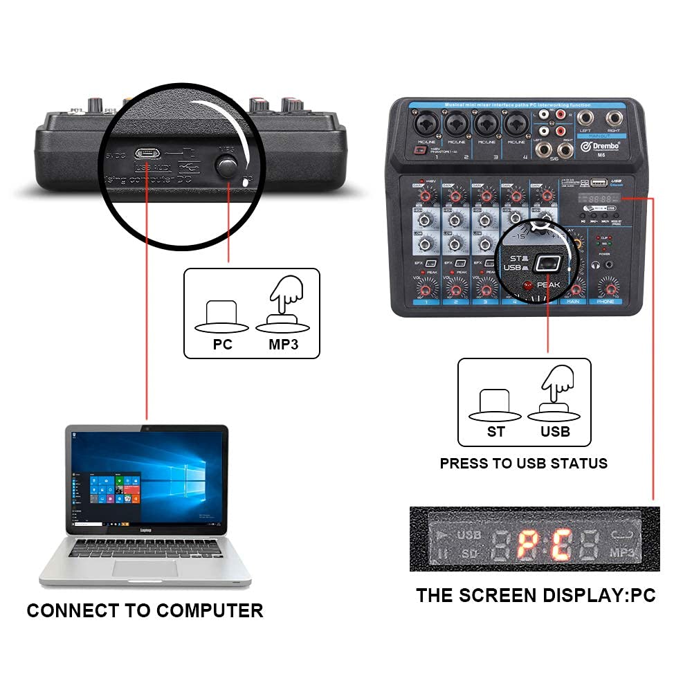 D Debra M6 Mini Audio Mixer Mixing Console Mixer Sound 6 Channel with Sound Board USB Bluetooth Audio Interface Mic Preamps 48V Phantom Power Mixer Use for DJ Studio PC Recording Singing Webcast Party