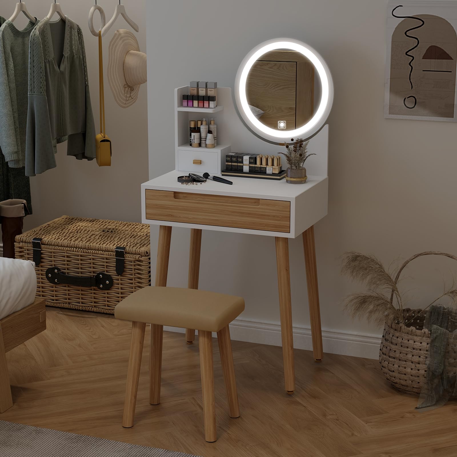 ARTETHYS Small Vanity Desk Set with 3 Adjustable Lighted Mirror and Storage Shelf White Tiny Vanity Table with Drawer for Bedroom 24 Inch Makeup Vanity Compact Dressing Table for Small Space