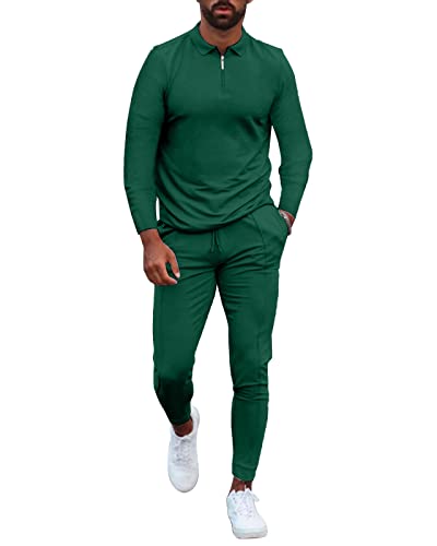 Aulemen Men's 2 Piece Tracksuits Outfits-Casual Long Sleeve Zip Polo Sweatsuits Set For Men Green XL