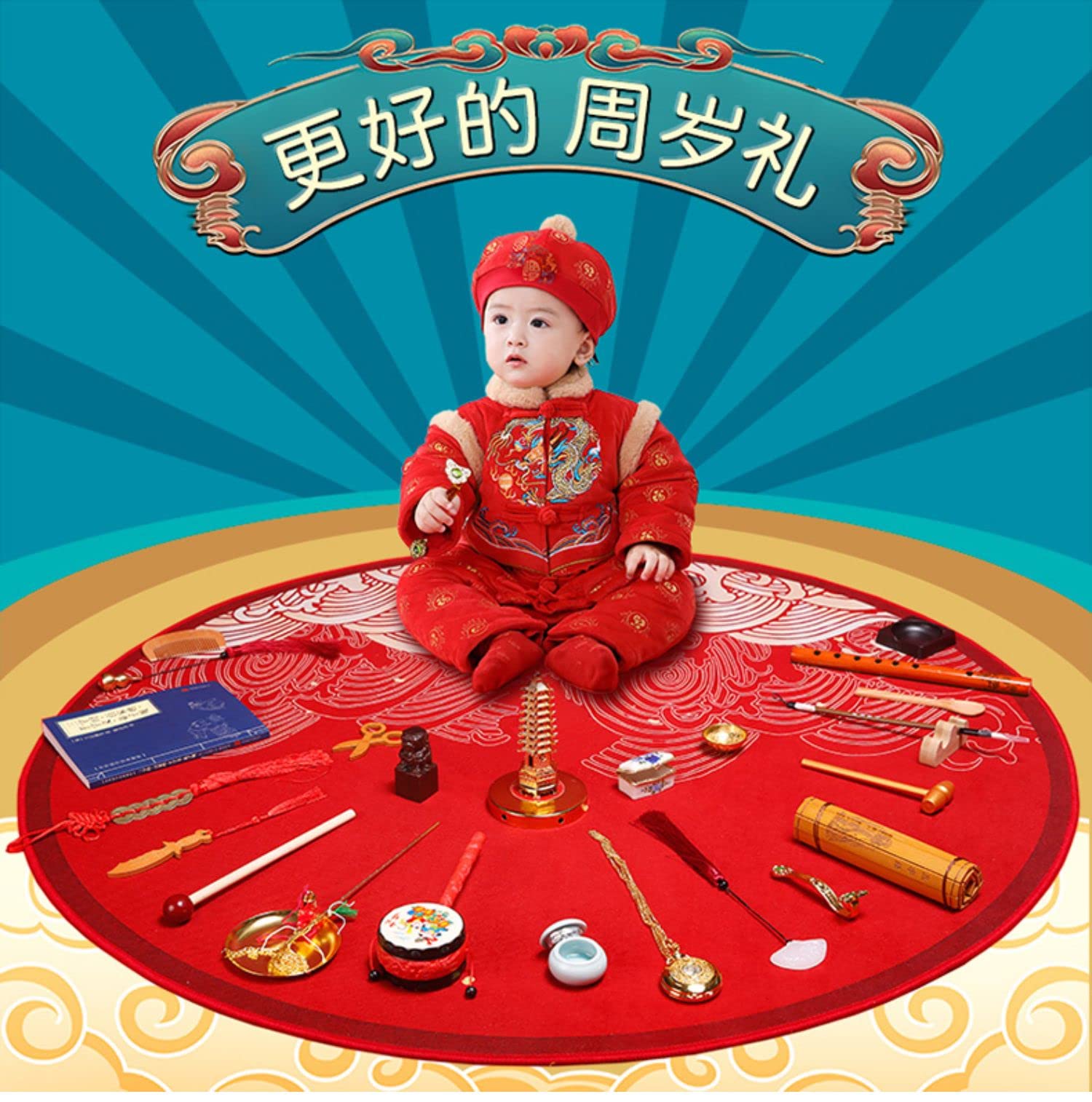 Background Carpet for Zhua zhou Set 100*100CM Unique Gifts for Celebrate Kid Fist Birthday Party(Red)