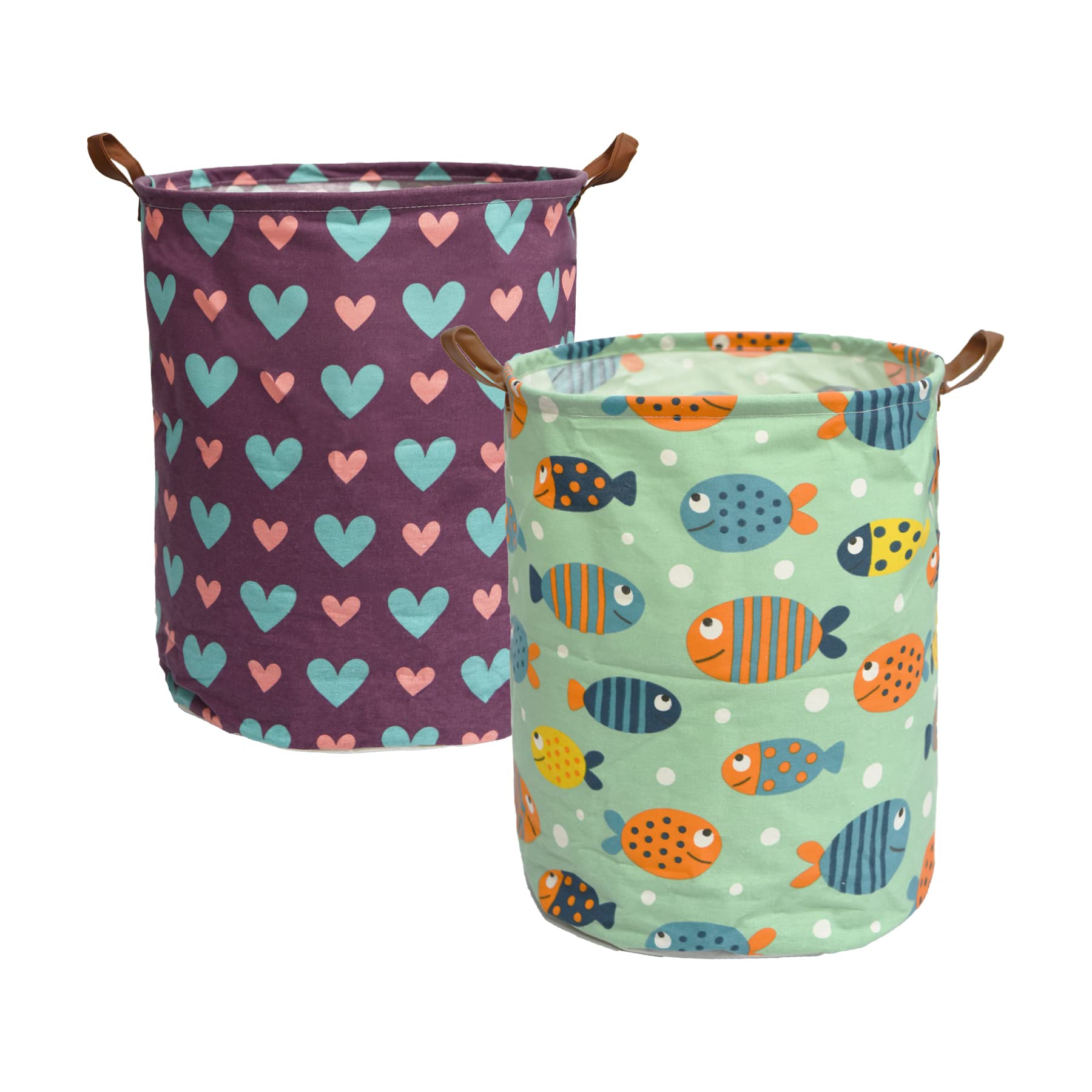 Collapsible Round Storage Bin - WOYASUI Large Laundry Hamper Waterproof Organizer with Handles / Home Decor / Toy Books Holder Clothes Nursery Basket(2 PACKS,Colour Fish & Purple Love Heart)