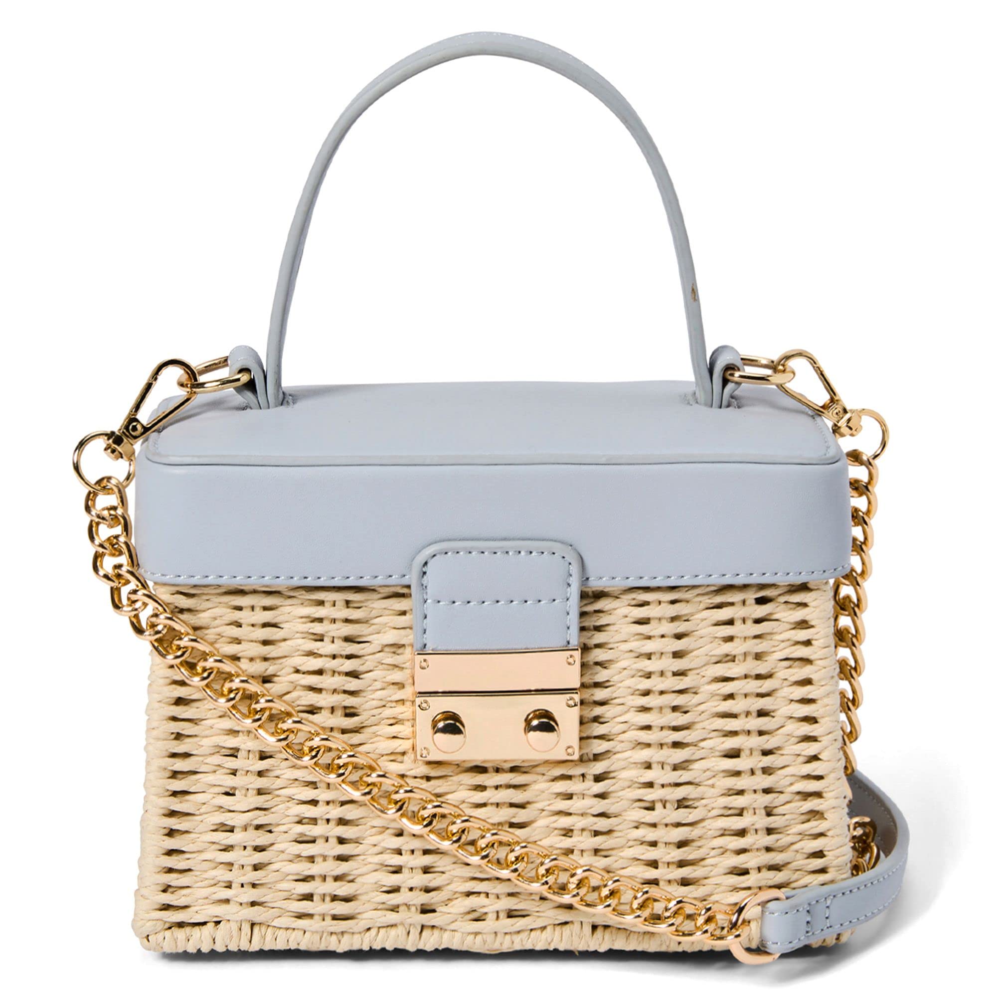 Like Dreams Small Summer Bag for Women Woven Straw Crossbody Vegan Leather Top Handle Plaid Inner Purse (Soft Blue)