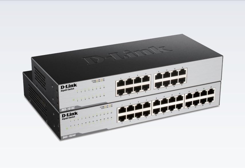 D-Link Ethernet Switch, 16 Port Gigabit Unmanaged Network Internet Hub Desktop Rackmount, Plug N Play (DGS-1016C)