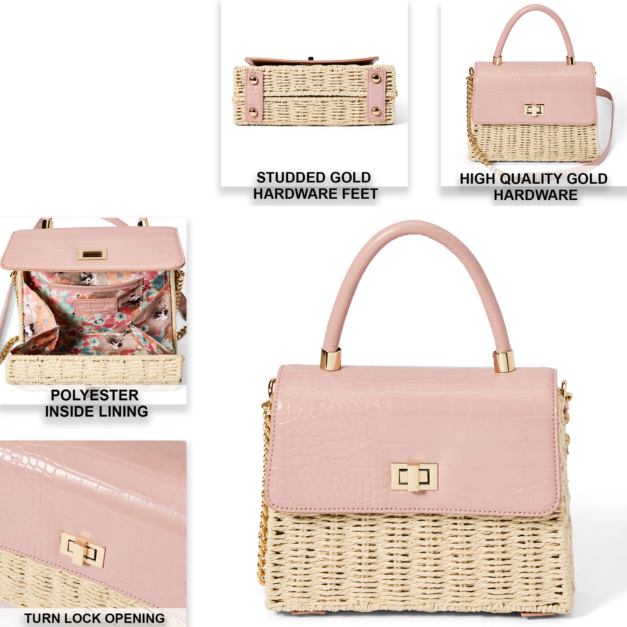 Like Dreams Women Hand-woven Straw Crossbody Faux Croc Vegan Leather Upper Floral Inner Summer Crossbody (Blush)