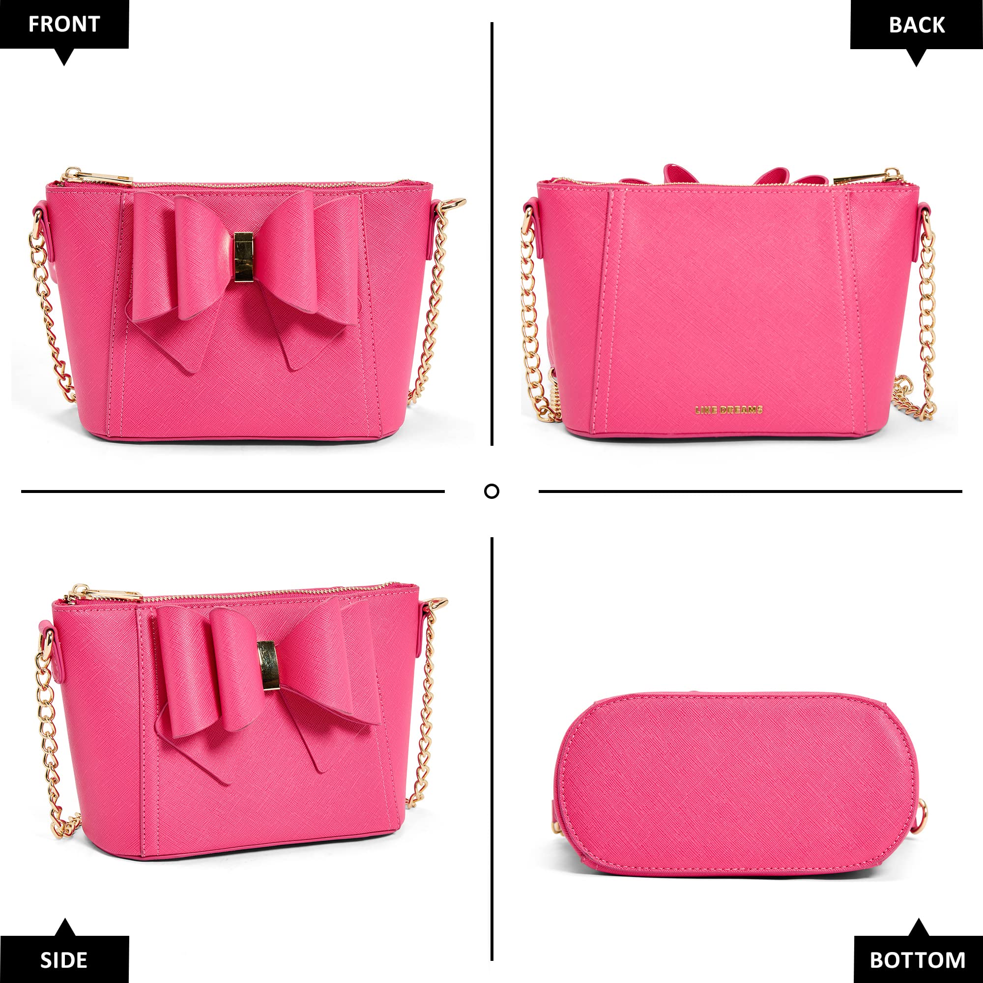 Like Dreams Womens Small Crossbody Vegan Leather Bowtie Fashion Gold Chain Handbag Purse (Fuchsia)