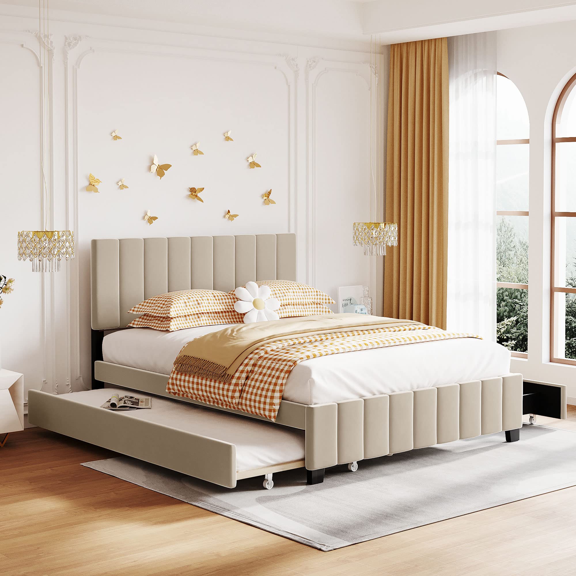 Bellemave Queen Size Upholstered Bed Frame with 2 Drawers & 1 Twin XL Trundle, Velvet Platform Storage Bedframe Mattress Foundation, Queen Trundle Bed Frame,Wooden Slats Support (Beige)