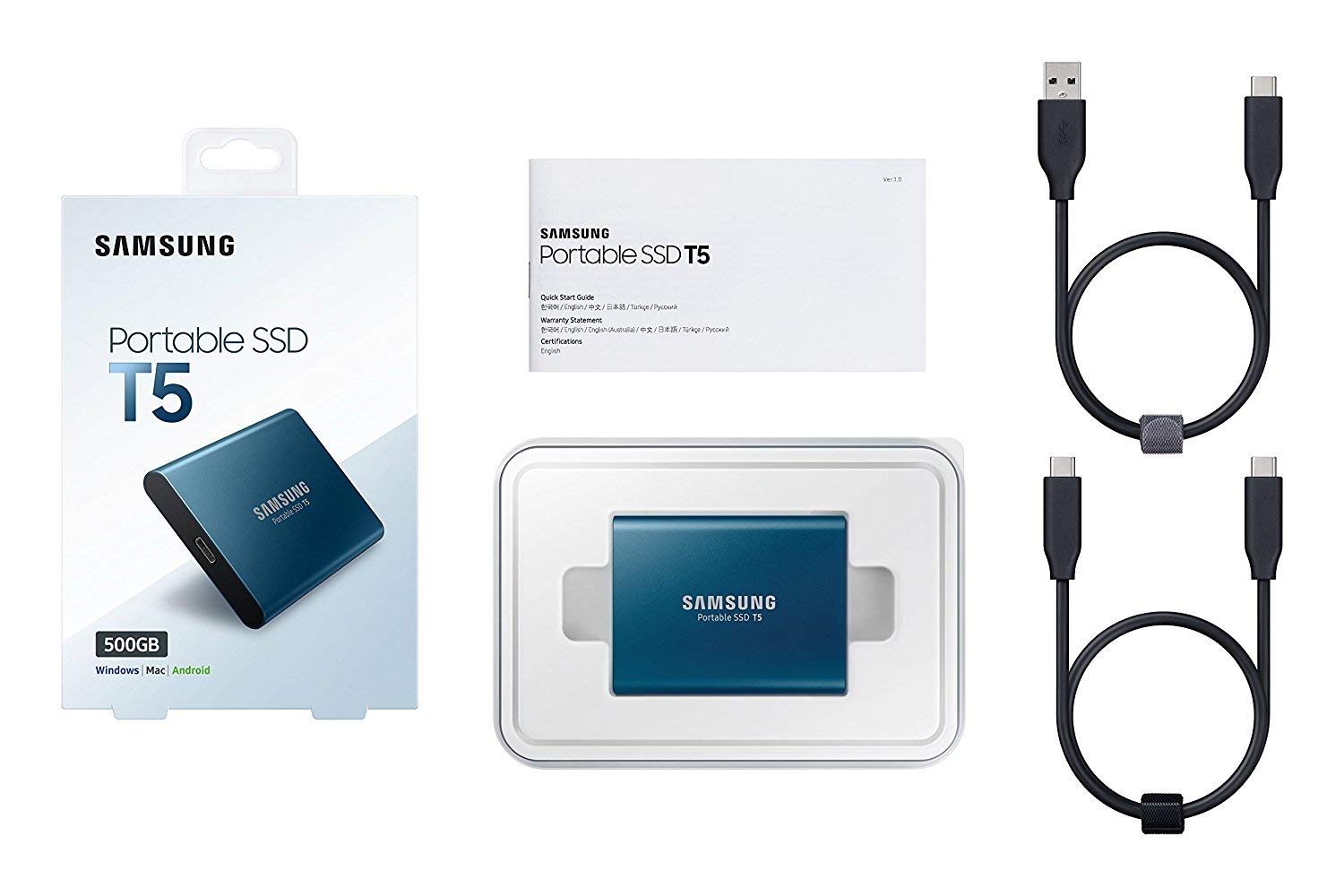 SAMSUNG T5 Portable SSD 500GB - Up to 540MB/s - USB 3.1 External Solid State Drive, Blue (MU-PA500B/AM)