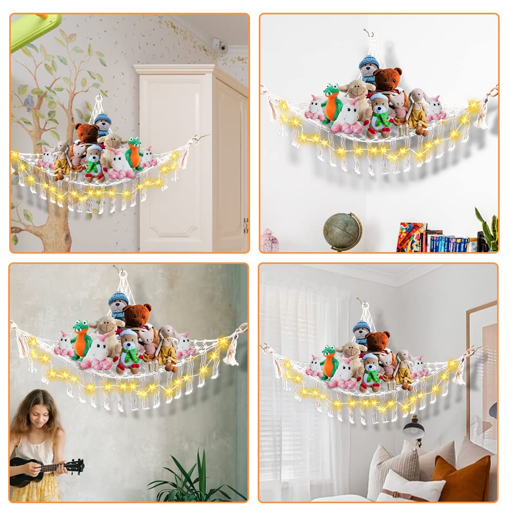 EKDJKK Stuffed Animal Hammock Macrame Plush Toy Net Hammock for Stuffed Animals with Light Pet Net for Stuffed Animals Corner Hanging Stuffed Animal Storage Holder Teddy Bear Net for Kids Room