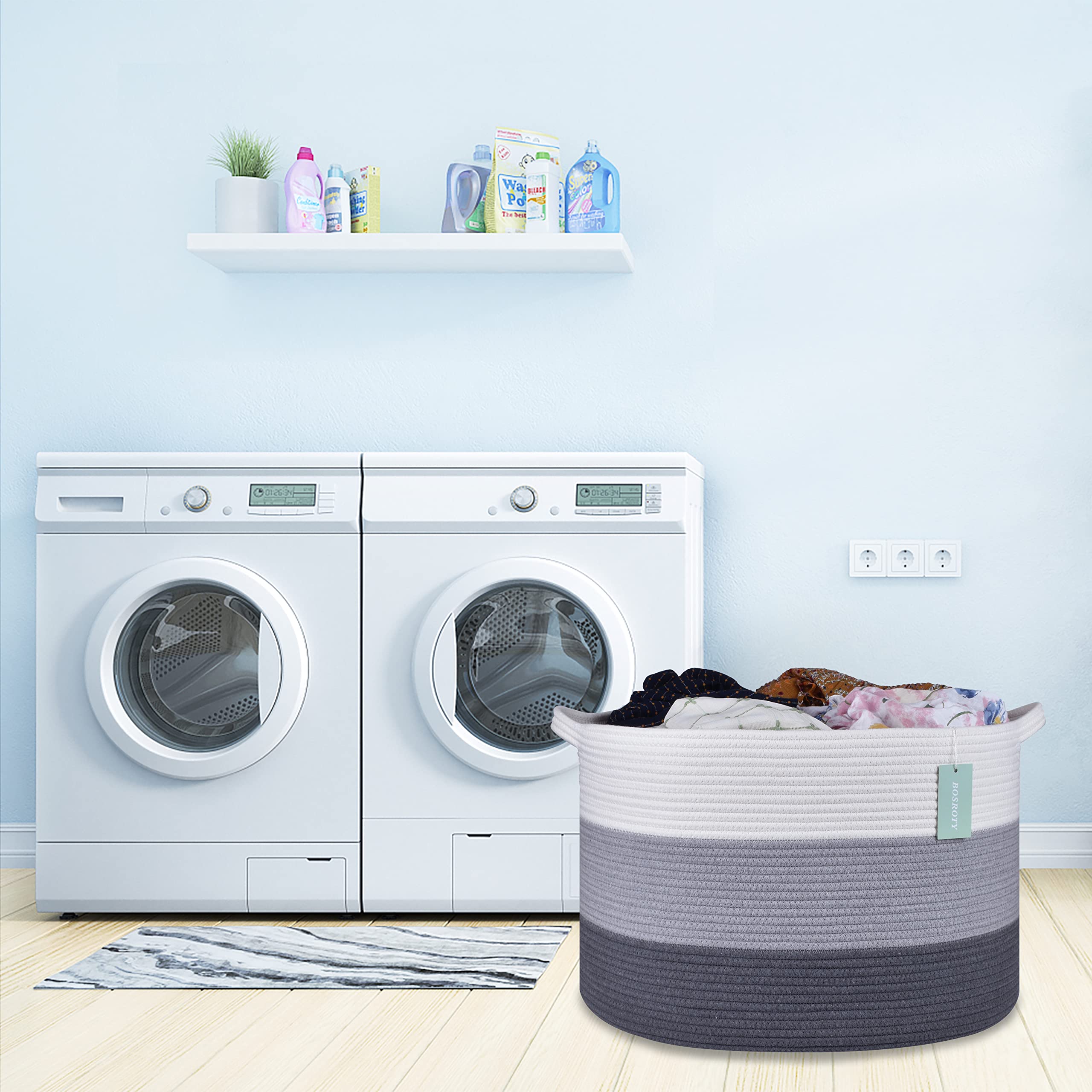 BOSROTY Extra Large Blanket Basket 87L, Laundry Hamper, Baby Nursery Hamper, Large Laundry Basket For Girls Boys, Cotton Rope Basket, Clothes Basket Laundry, 22βx 14β, White & Gray