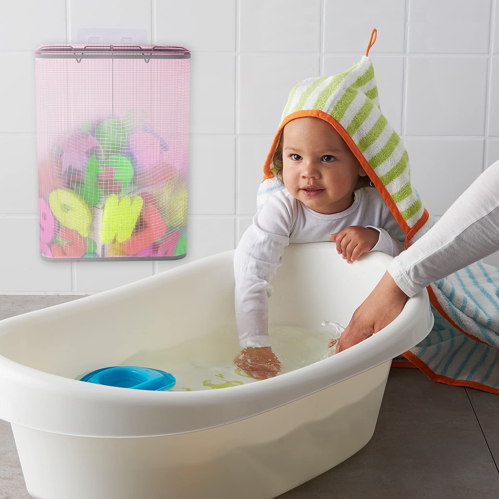 Linkidea 2 Packs Bath Toy Storage Organizer, Hanging Mesh Bathtub Toy Holder Basket with Adhesive Hooks, Shower Caddy for Kids Toddlers Bathroom Car Toy (Blue & Pink)