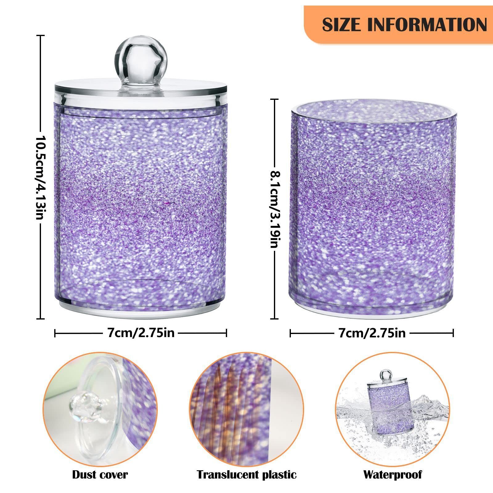 Purple Glitter Qtip Holder Dispenser Girly Bling Bathroom Canister Storage Organization 2 Pack Clear Plastic Apothecary Jars with Lids Vanity Makeup Organizer For Cotton Swab Ball Floss