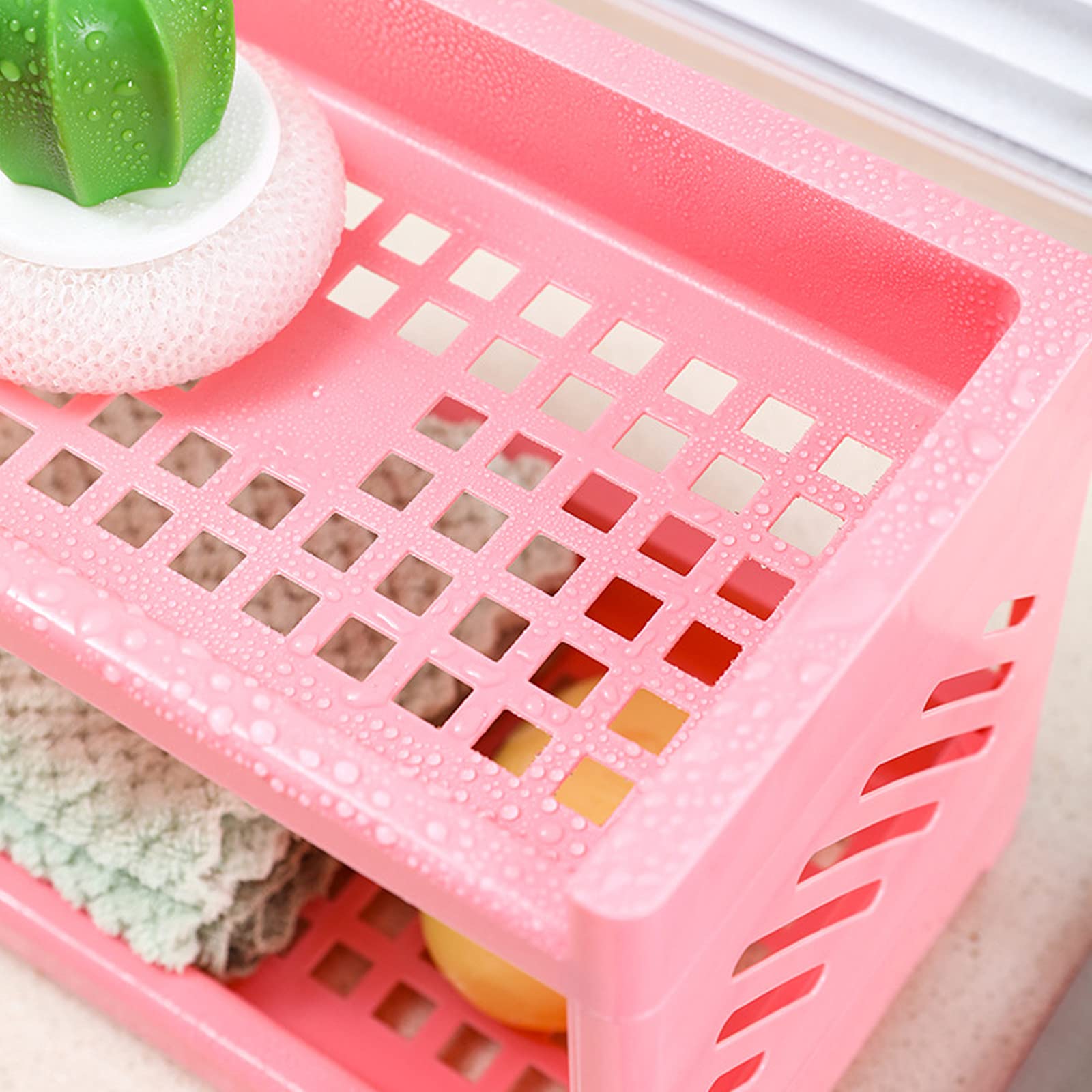 XINGWANG Double-Layer Desktop Storage Rack, Foldable Office Stationery Storage Rack,Kitchen Seasoning Storage Rack, Bathroom Cosmetic Storage Rack (Pink, 2-Layer)