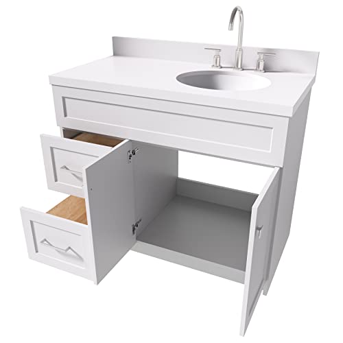 ARIEL Hamlet 43 Inch White Bathroom Vanity with Sink, 1.5" Edge Quartz Countertop, Solid Wood, Right Oval Sink, 2 Soft-Closing Doors & 2 Full Extension Drawers, Toe Kick