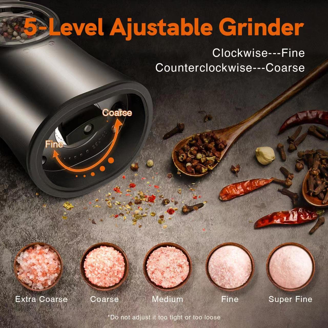 Gravity Electric Salt and Pepper Grinder Set - USB Rechargeable,Automatic Salt Pepper Mill with 5 Adjustable Coarseness, Ceramic Grinder with Bottom Cap, White LED Lights