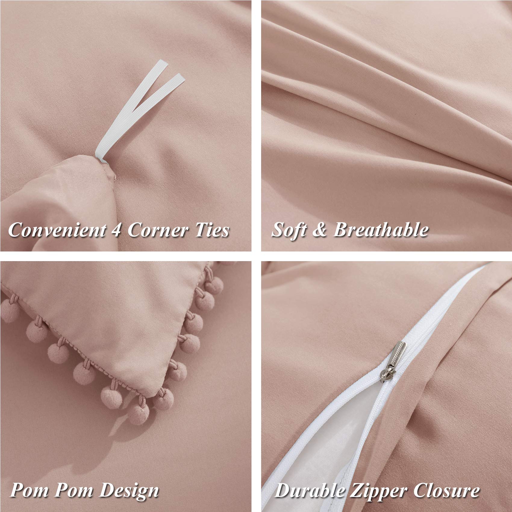 Bowavat Pom Pom Fringe Duvet Cover Twin Size,100% Washed Microfiber 3 Pieces Pink Mocha Duvet Cover Set, Soft and Durable with Zipper Closure and Corner Ties (Twin, Pink Mocha)