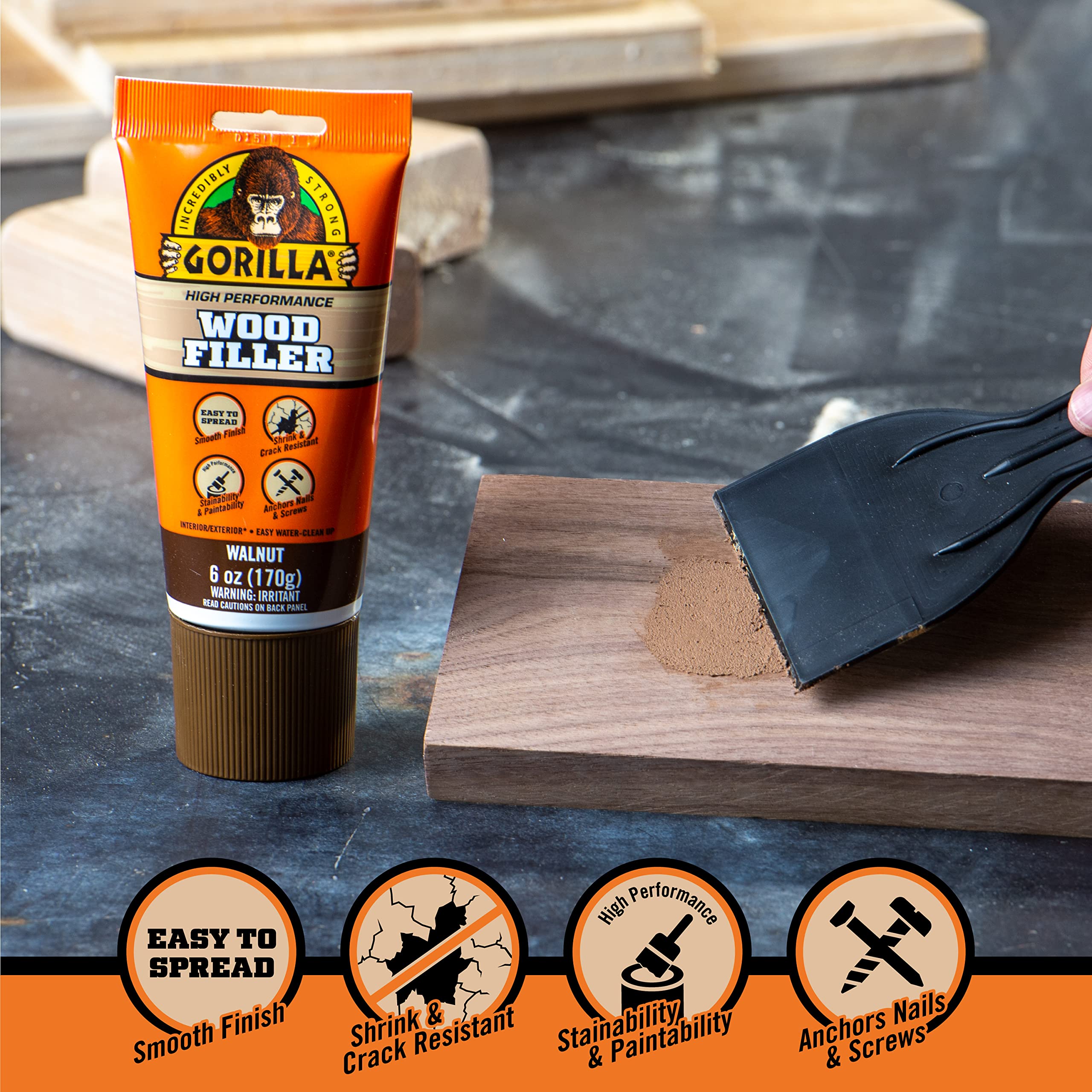 Gorilla All Purpose Wood Filler, 6oz Tube, Walnut (Pack of 1)