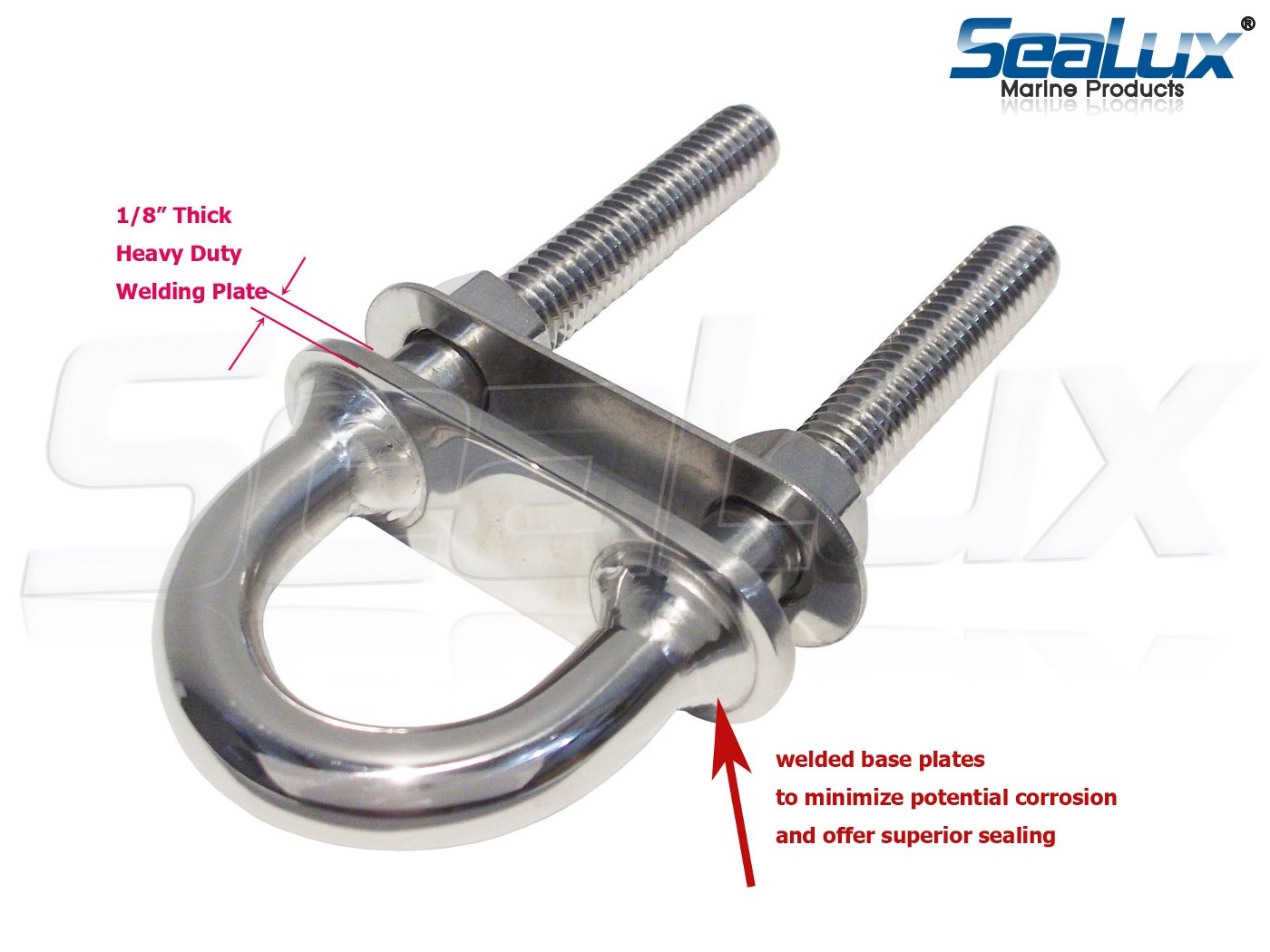 SeaLux Marine 3/8" Stock Fixed Welding Plate Bow Eye Stern Eye U-Bolt 5" Length with 3-1/2" Stud Length