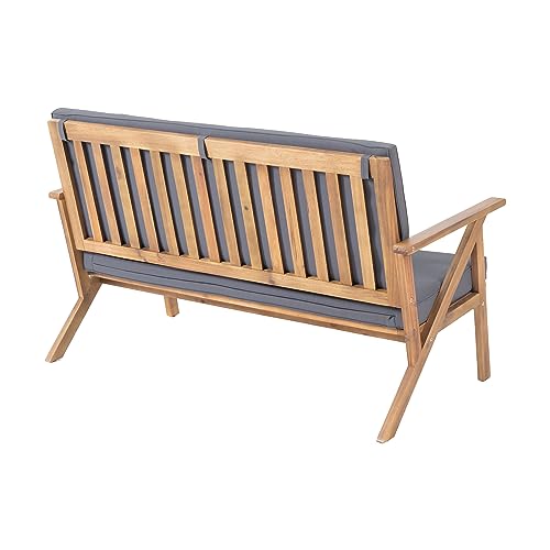 Christopher Knight Home Panama Outdoor Acacia Wood Chat Set with Water Resistant Cushions, 4-Pcs Set, Teak Finish / Grey