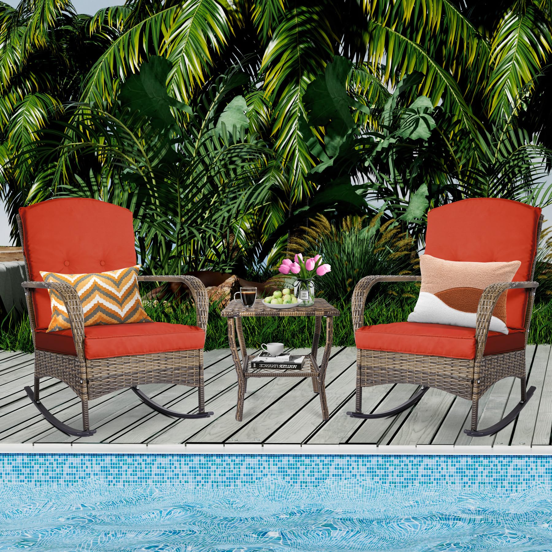 CIRMUBUY 3-Piece Outdoor Furniture Set, Patio Conversation Chair, Wicker Rocking Chair with Side Table for Porch, Garden, Poolside & Deck, Carrot