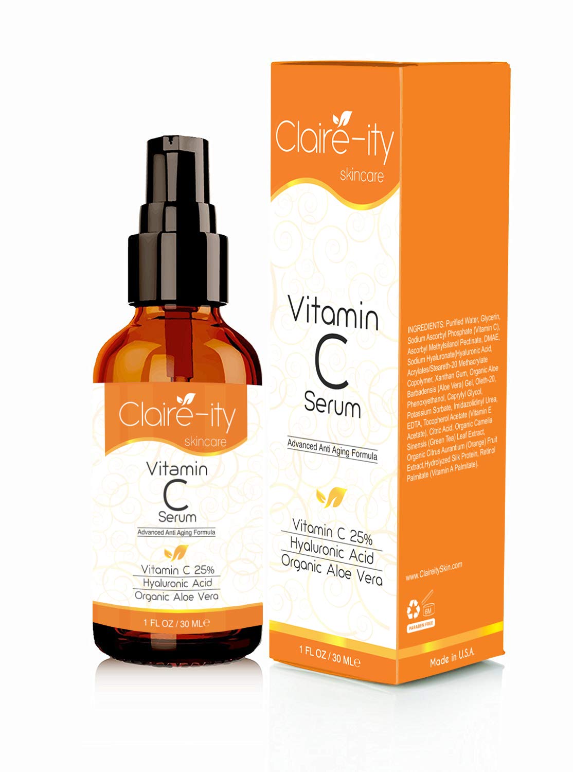 Claire-ity 25% Vitamin C Serum with Hyaluronic Acid and Vitamin E, Organic Topical Anti-Aging Moisturizing Facial Serum for Face, Neck & Décolleté(1 fl. oz)