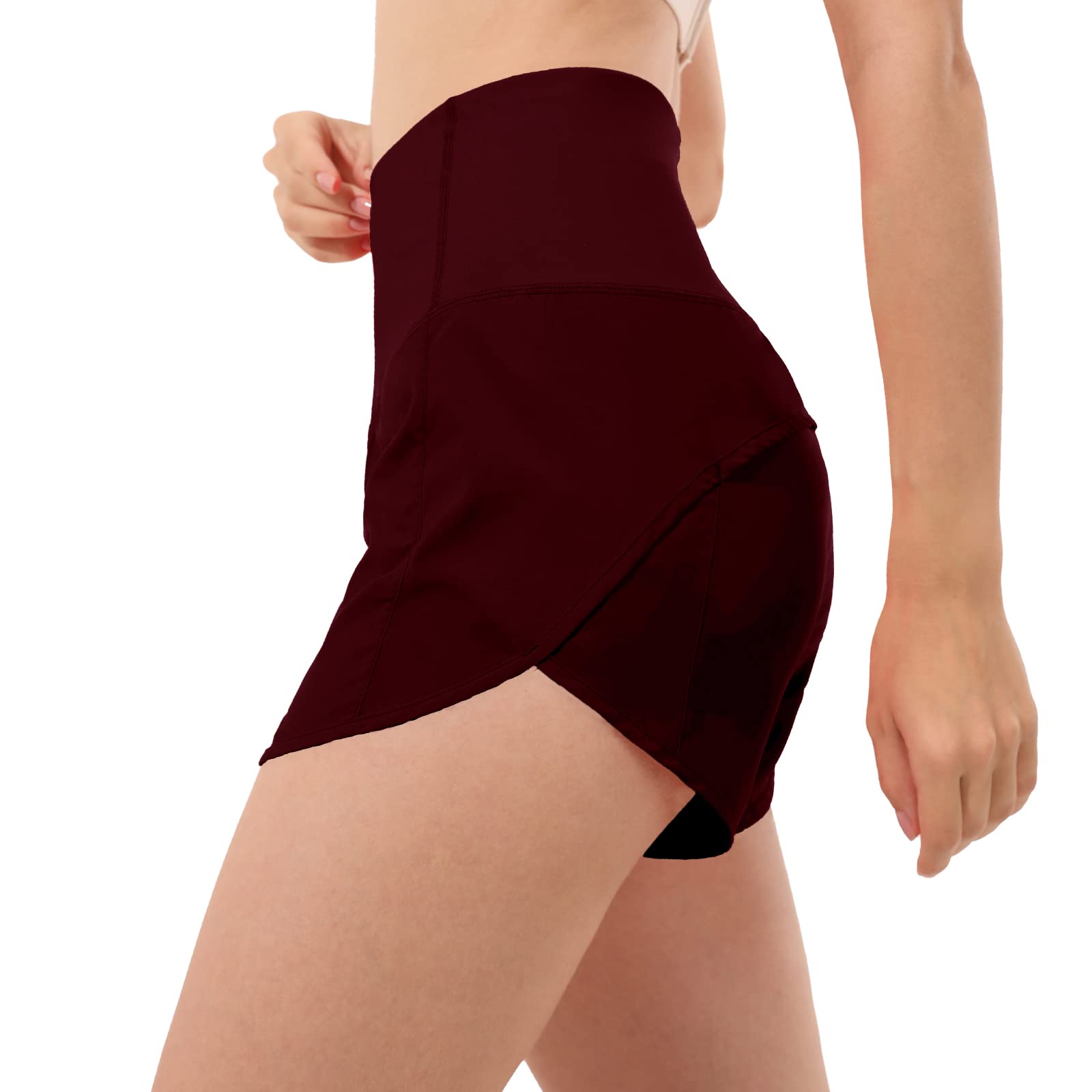 Aurefin Women's High Waisted Running Shorts Quick Dry Athletic Workout Shorts with Bulit-in Liner-3.5'' Wine red/m