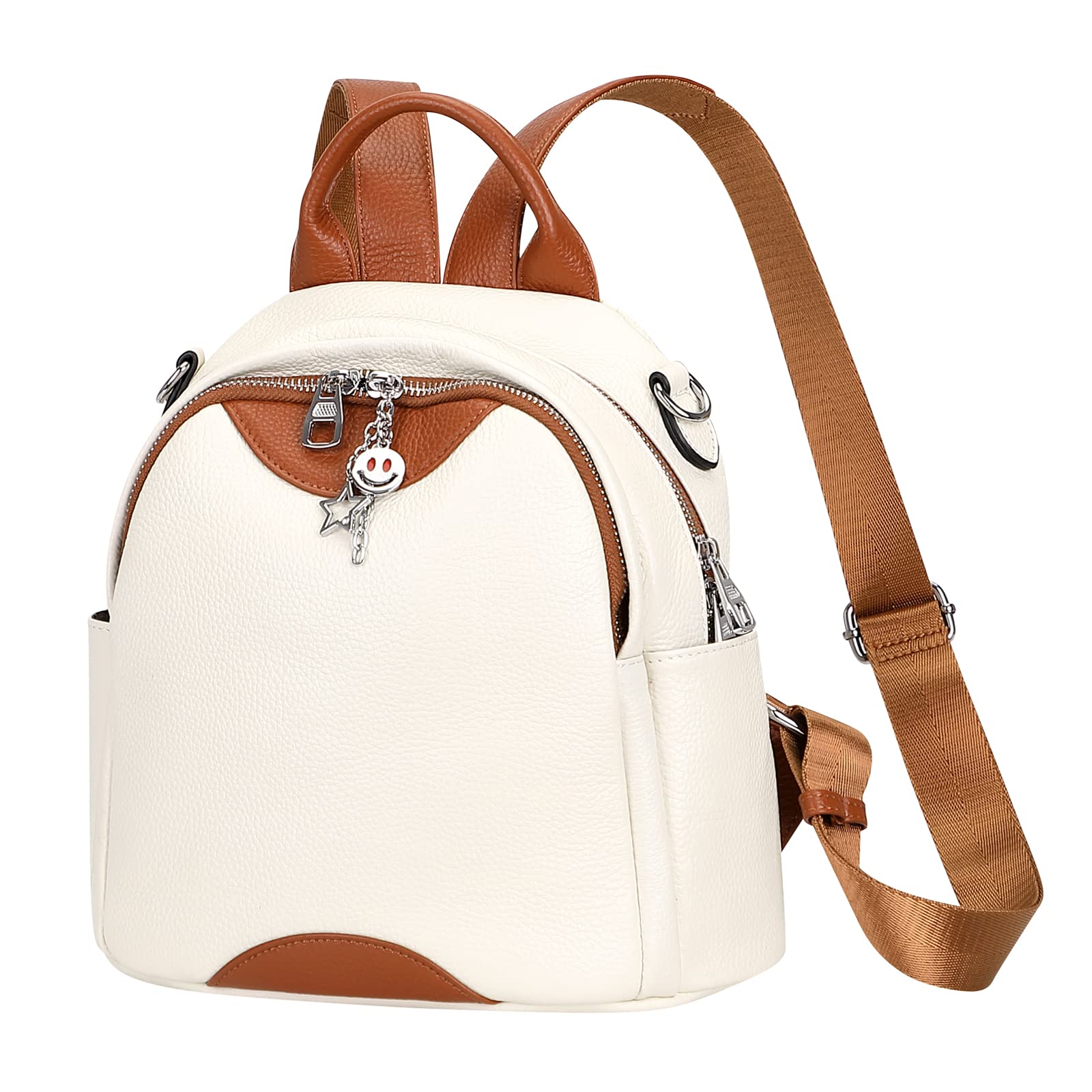 ALTOSY Soft Genuine Leather Backpack for Women Small Convertible Backpack Purse Shoulder Bag for Ladies (S97 White/Brown)