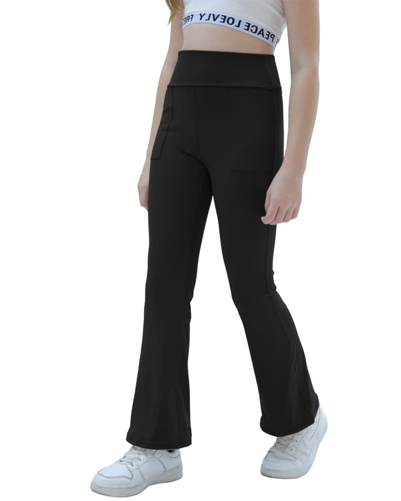 Aurgelmir Girls' Foldover Waist Flare Leggings Bootcut Active Yoga Dance Athletic Pants with Pockets Black