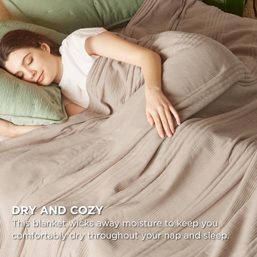 Bedsure Summer Quilt Blankets Queen Size, Breathable Quilted Bed Blankets for Spring, Super Soft Blanket with Striped Texture, Modal Cotton Thermal Blanket for All Seasons, Tan Khaki, 90x90