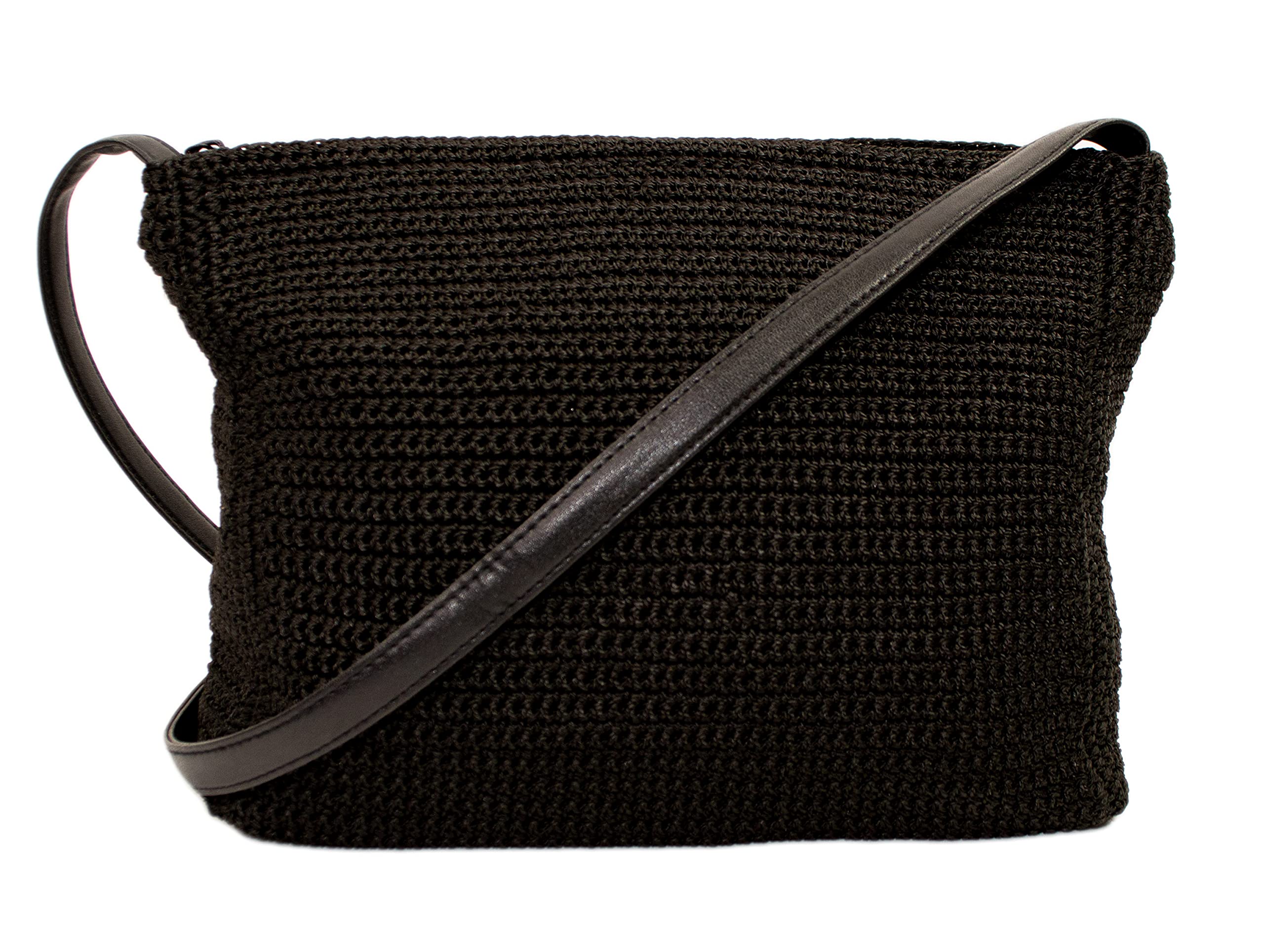 Classic Chic Black Crochet Crossbody Bag Zip Closure Boho Style Handbag Purse Faux Leather Strap
