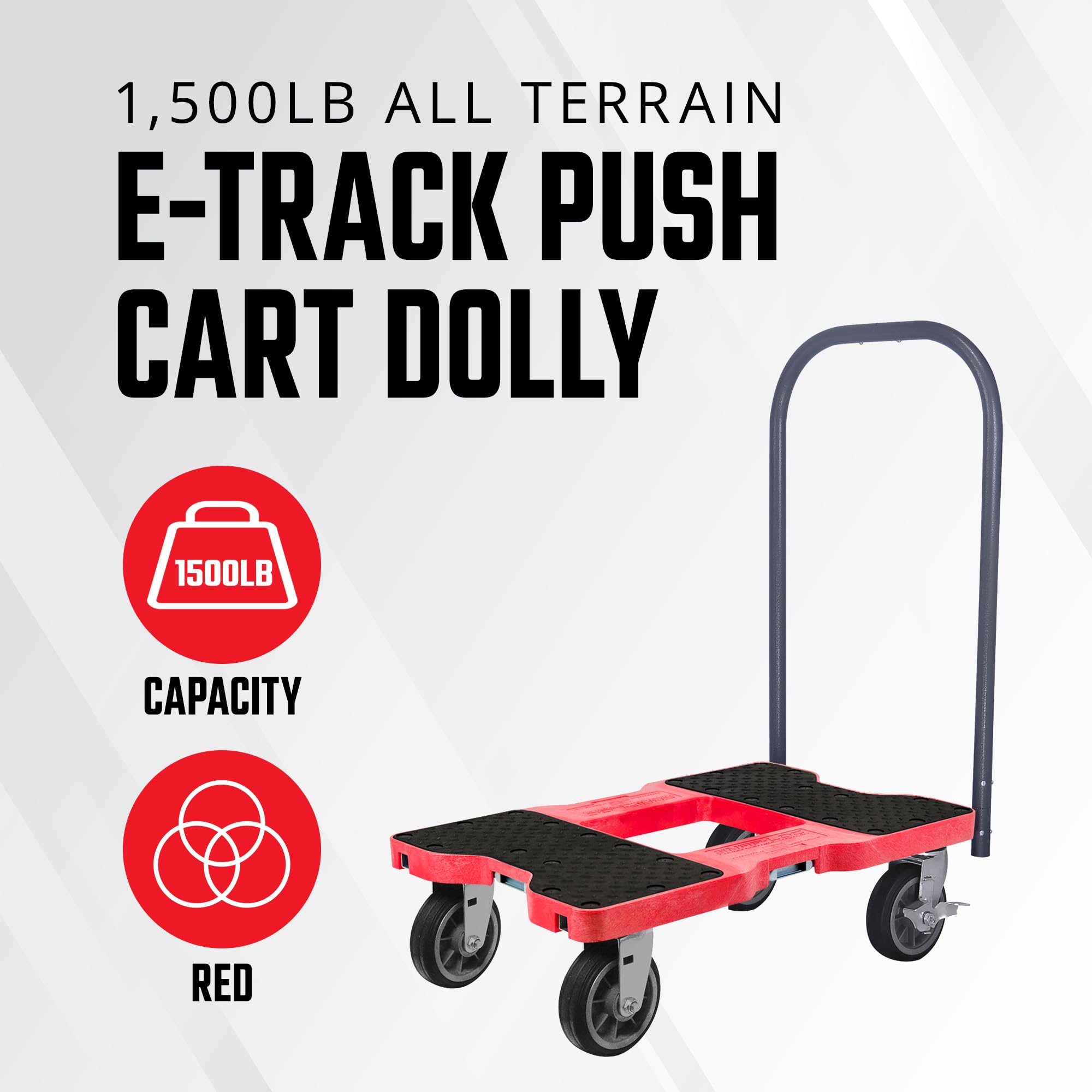 SNAP-LOC, All Terrain 4 Wheel Push Cart Dolly, Heavy Duty Dolly Cart, 6 Inch Casters, Push Bar & E Strap Attachment Included, 1,500 lb Capacity, Made in USA, Red