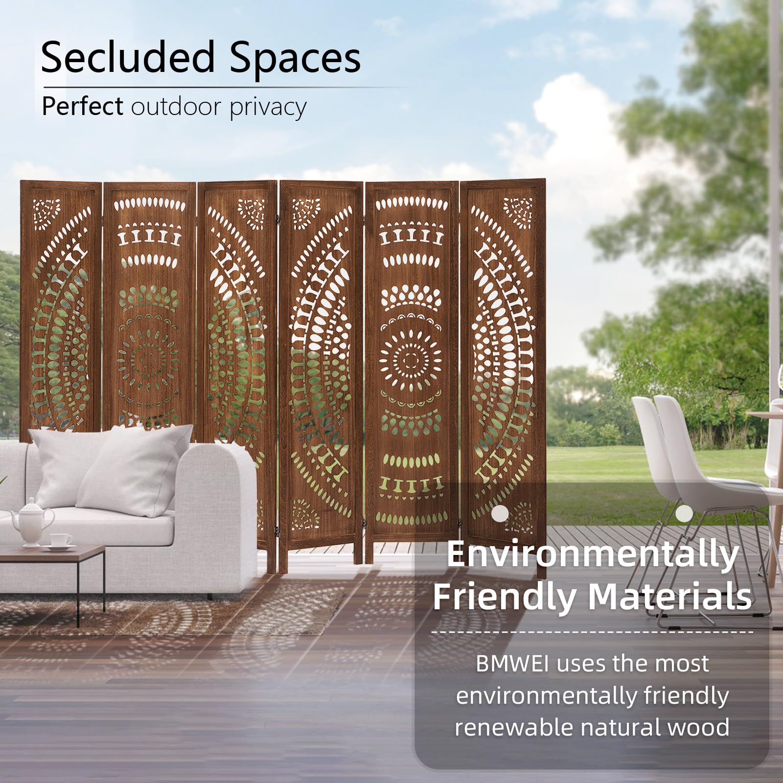 BMWEI Wooden Room Divider Wall, 5.6 FT Wall Divider Room, 6 Panel Room Divider Screen, Portable Room Divider, Carved Room Divider Panel, Folding Room Divider, for Home Bedroom Office (Natural)