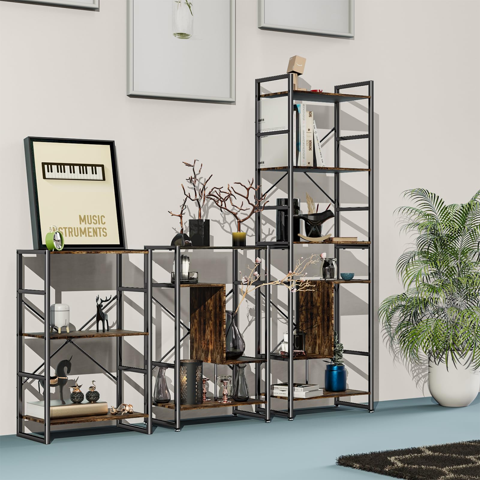 BALLMENT Large Bookshelf,Triple Wide 5 Tier Book Shelf,Industrial Metal Bookacse with 15 Open Display Shelves,Modern Rustic Brown Bookshelve for Office, Living Room,Kitchen,Library - Rustic Brown