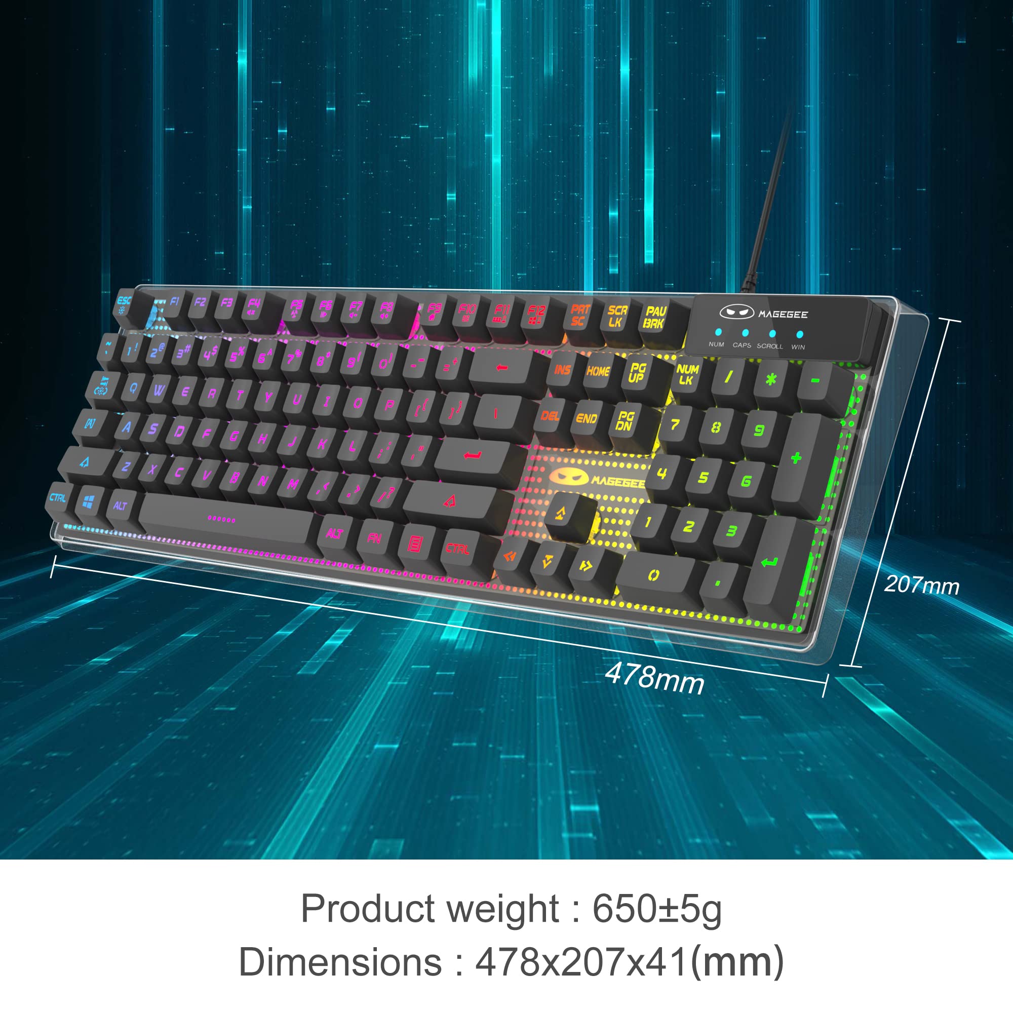 MageGee Gaming Keyboard, Rainbow Backlit LED Wired Gaming Keyboard with Clear Housing and Double-Shot Keycaps, K1 Waterproof Ergonomic 104 Keys Light Up Keyboard for PC Desktop Laptop, White