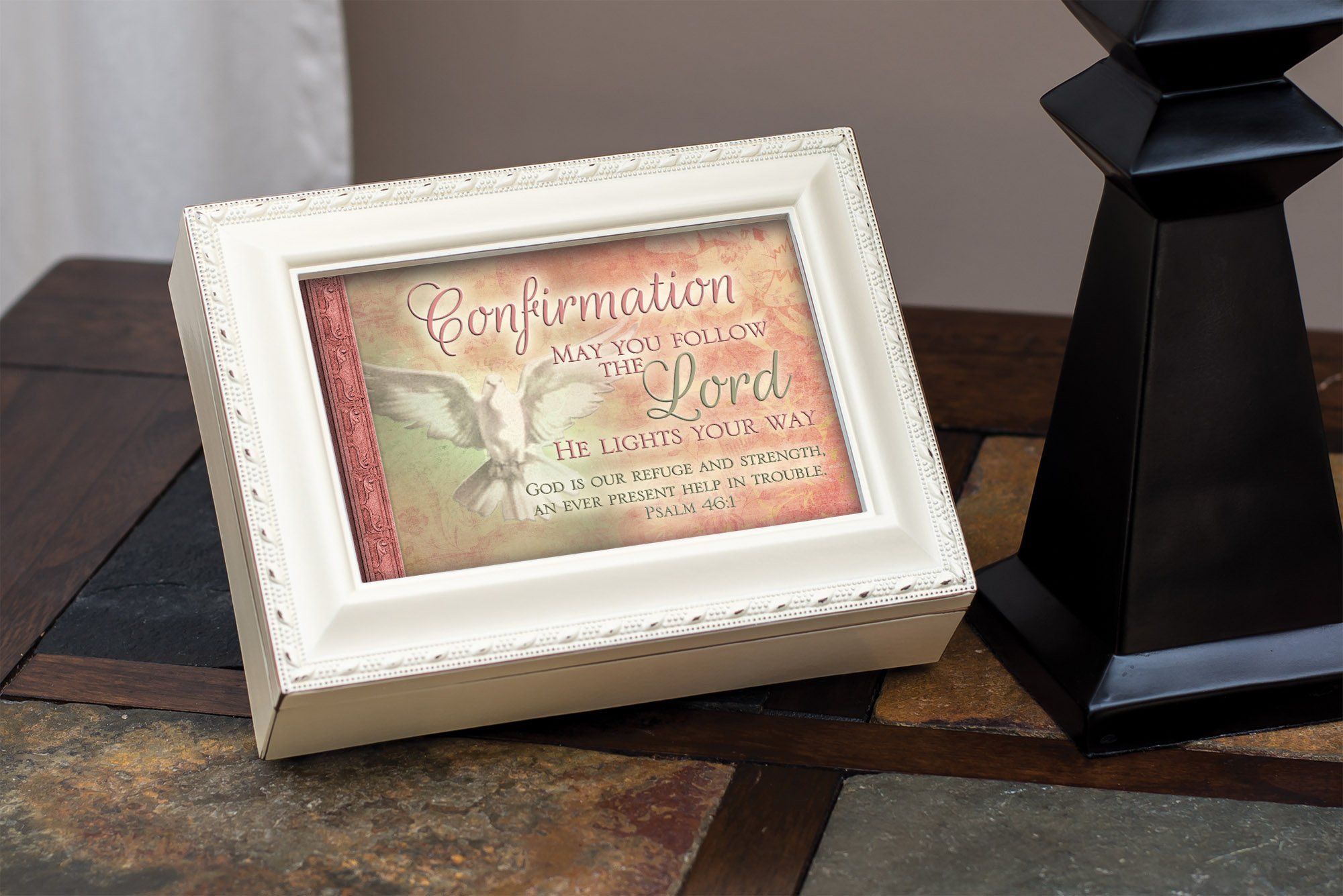 Confirmation May You Follow the Lord Ivory Rope Trim Jewelry Music Box Plays Ave Maria