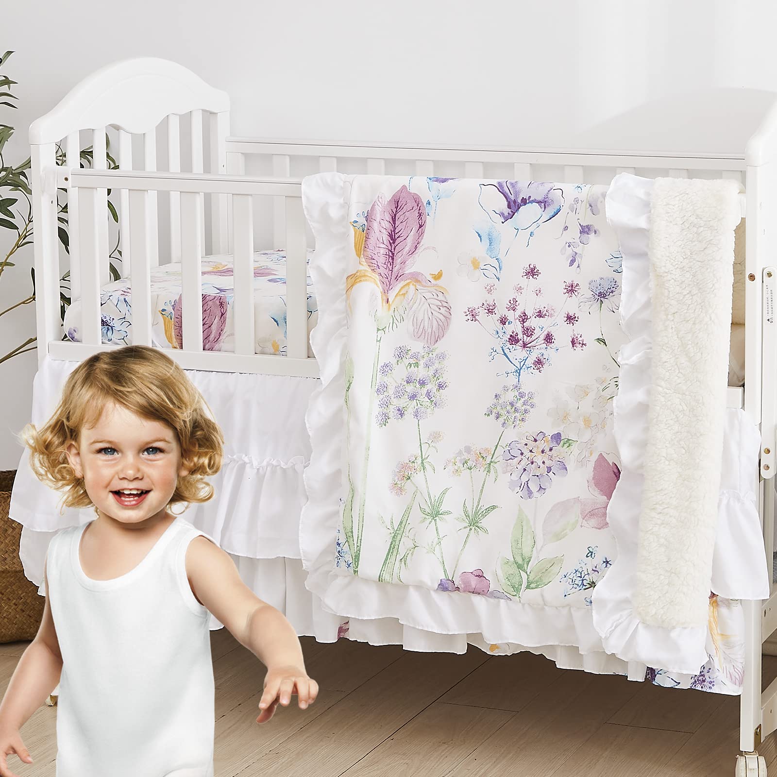 Brandream Baby Crib Bedding Set Farmhouse Floral Nursery Bedding 3 Piece Girls Blanket, Boho Sheet Set, Washed Cotton