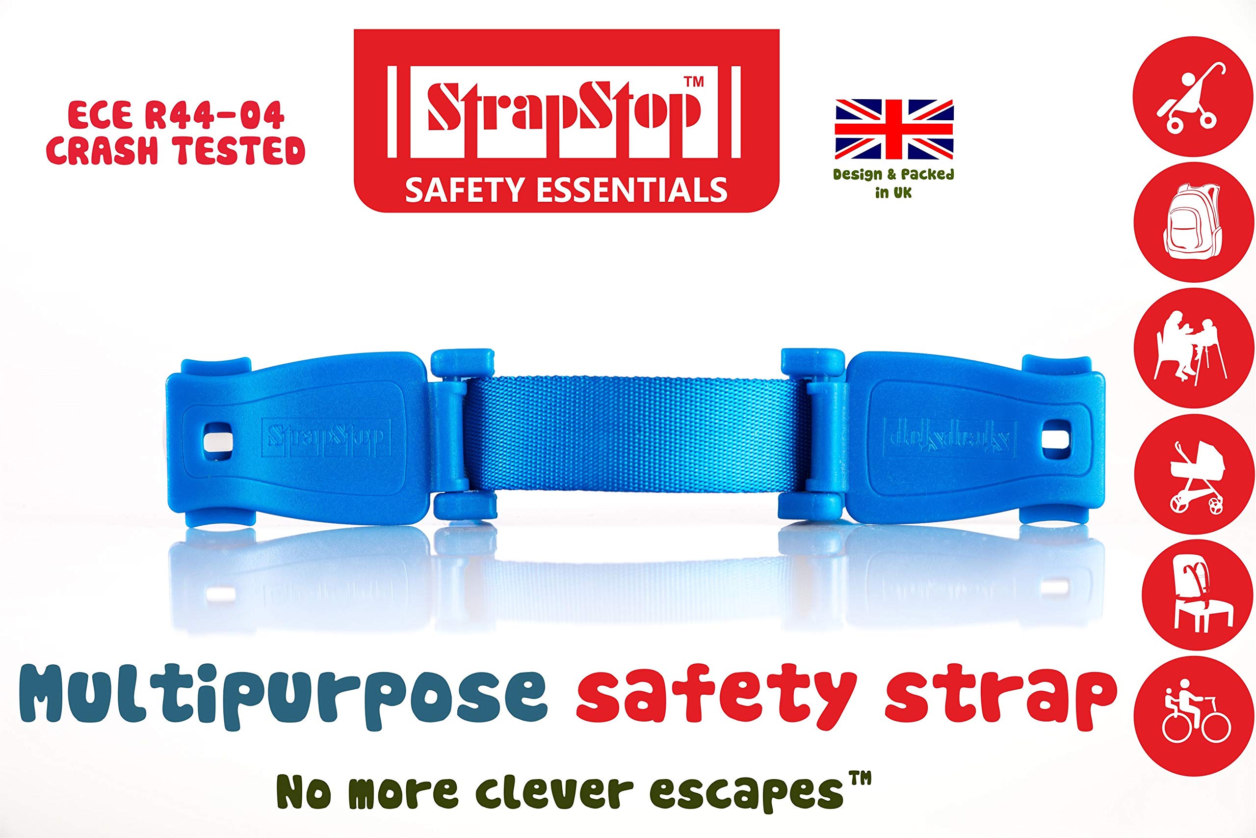 StrapStop - Multipurpose Safety Strap for Car Seats/Bike Seats/Strollers/Backpacks and More - Crash Tested (Blue)