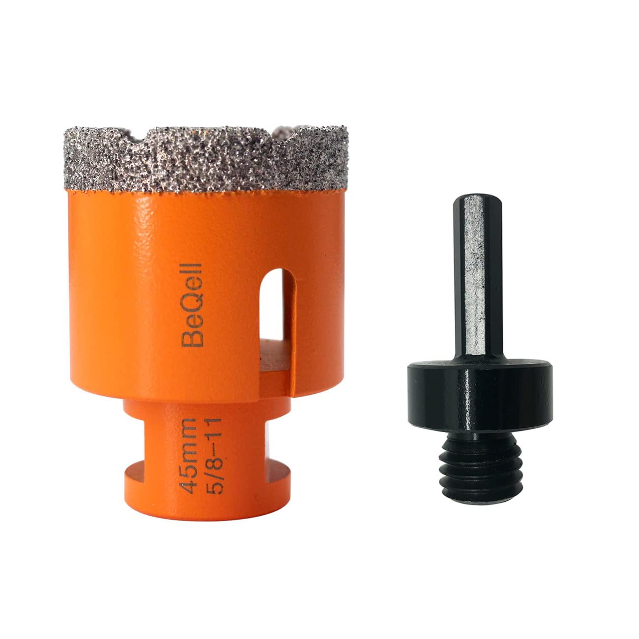 BeQell 1-3/4" Diamond Core Drill Bit 45mm 5/8-11 Thread Diamond Hole Saw for Porcelain Tile Ceramic Marble Brick Granite Drilling & 3/8" Hex Shank Adapter