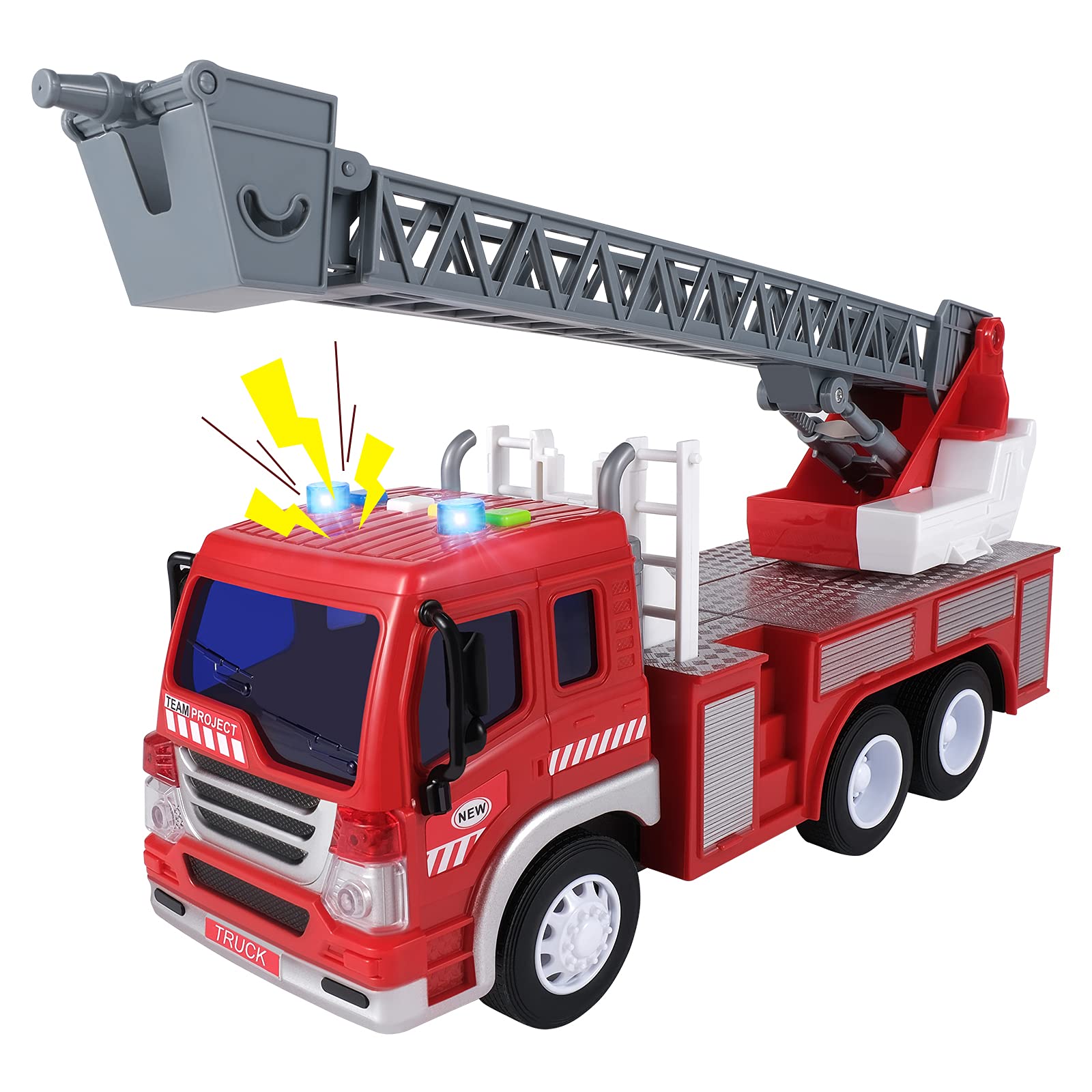 DAMEING Fire Truck Toys, Realistic Fire Engine Toys with Lights and Sounds for Kids 3-12 Year Old Boys Girls, Extending Rotating Ladder Friction Powered Vehicles for Toddler, 1:16 Scale